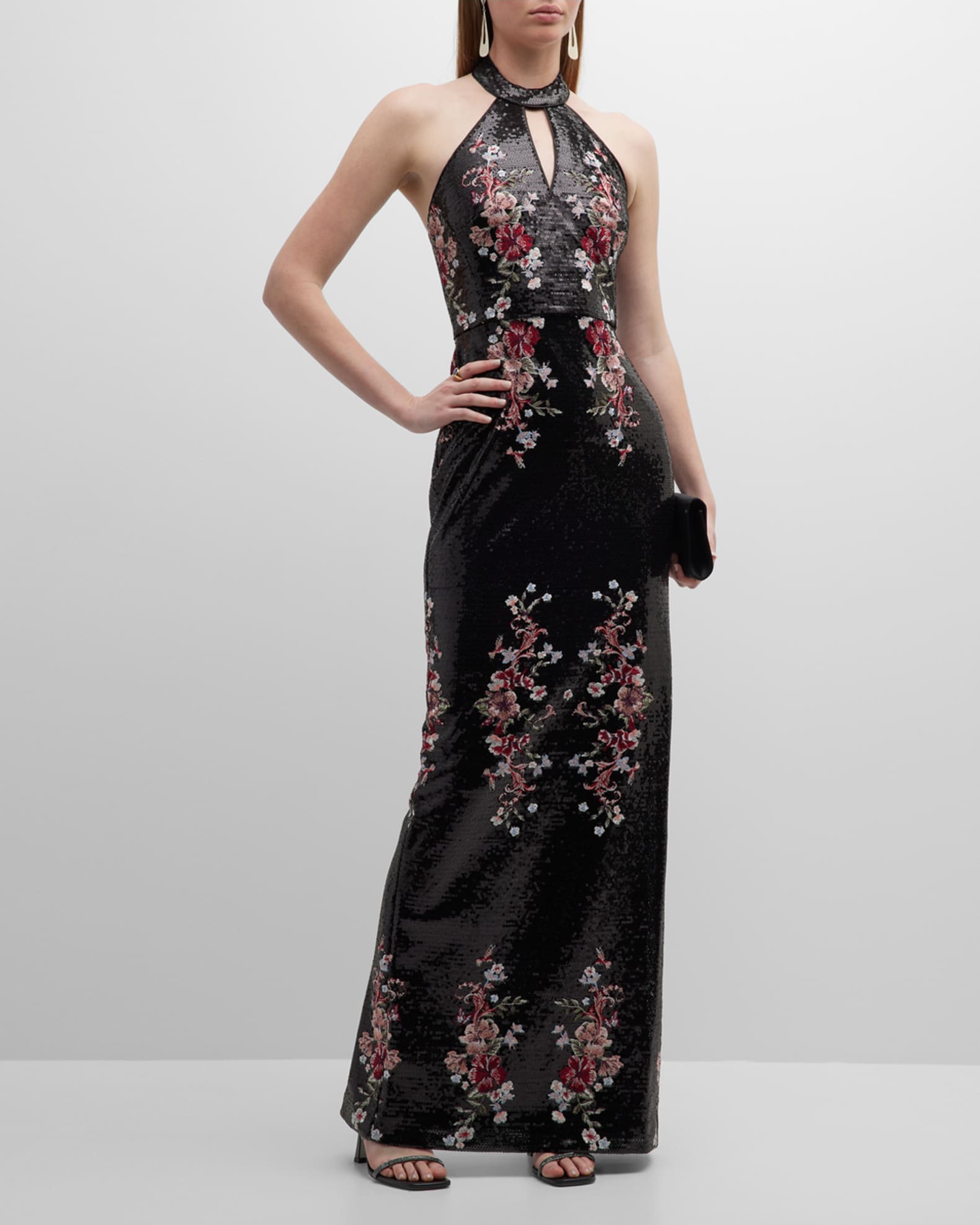 Marchesa Notte Floral-Embroidered Cutout Sequin Halter Gown | Neiman Marcus