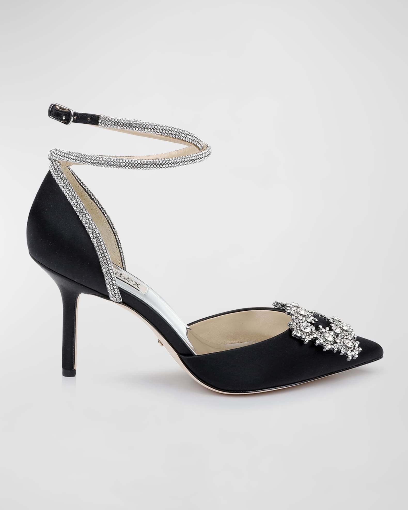 Badgley Mischka Saint Crystal Satin Ankle-Strap Pumps | Neiman Marcus