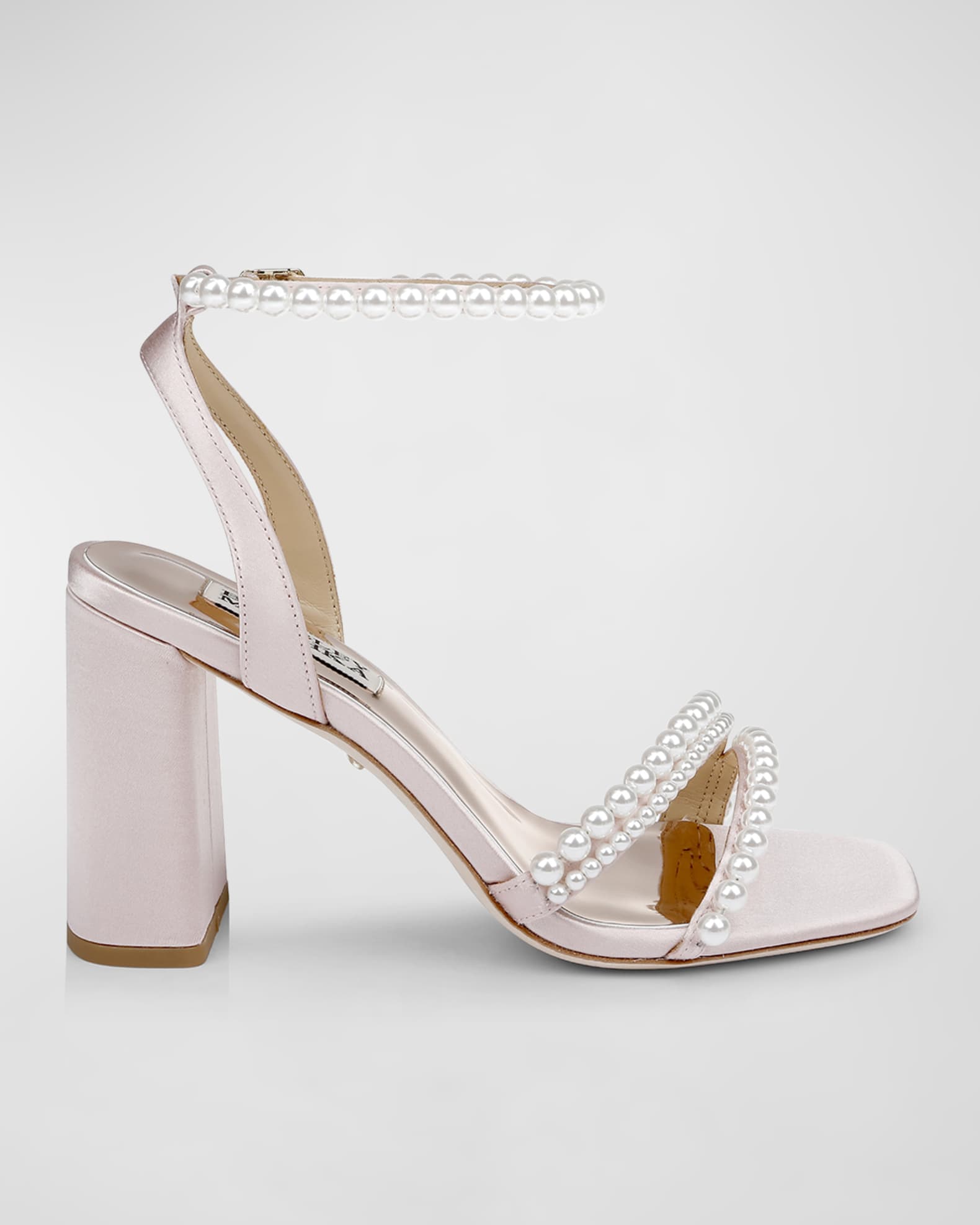 Badgley Mischka Feisty Pearly Satin Block-Heel Sandals | Neiman Marcus