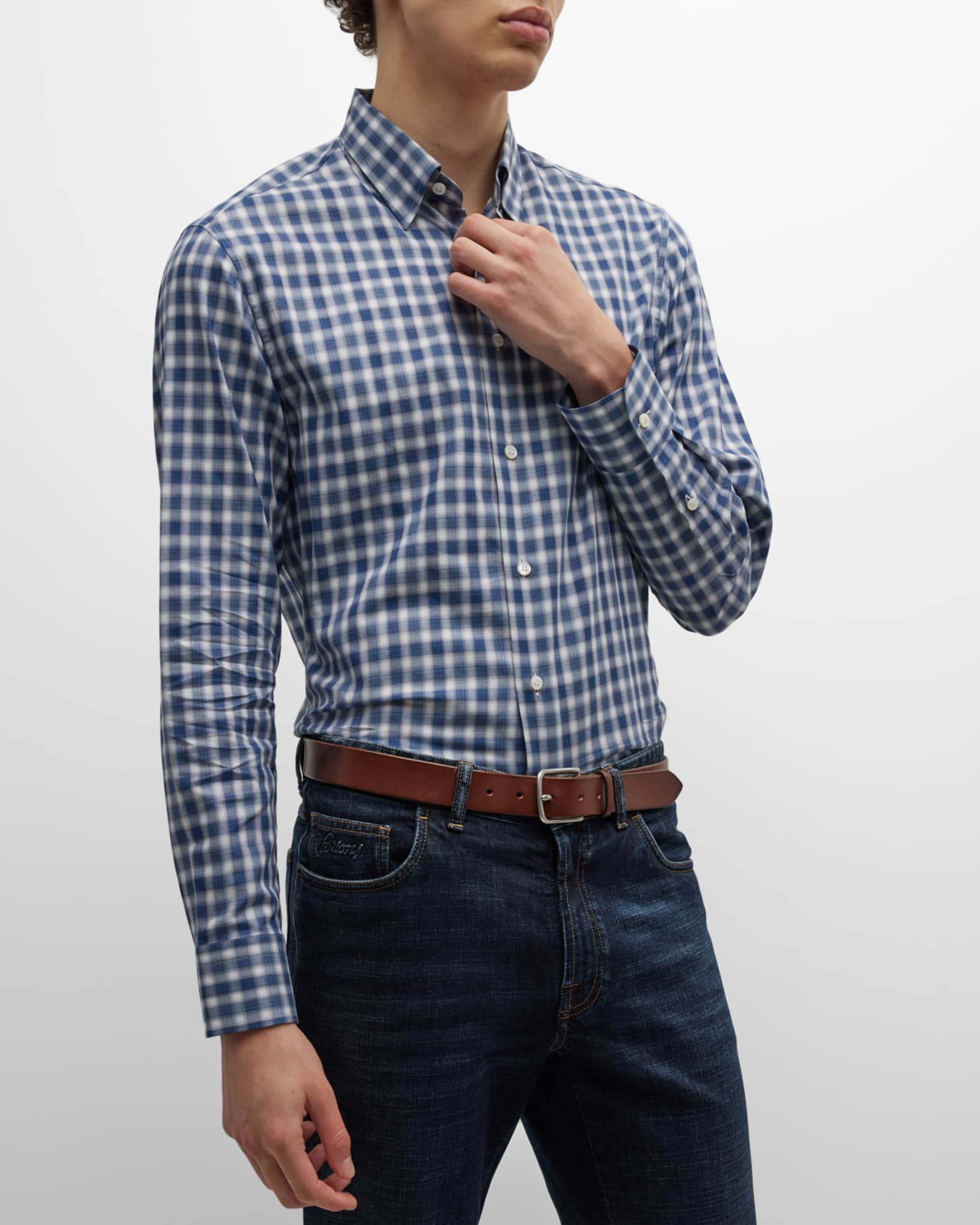 Brioni Men's Check-Print Cotton Sport Shirt | Neiman Marcus