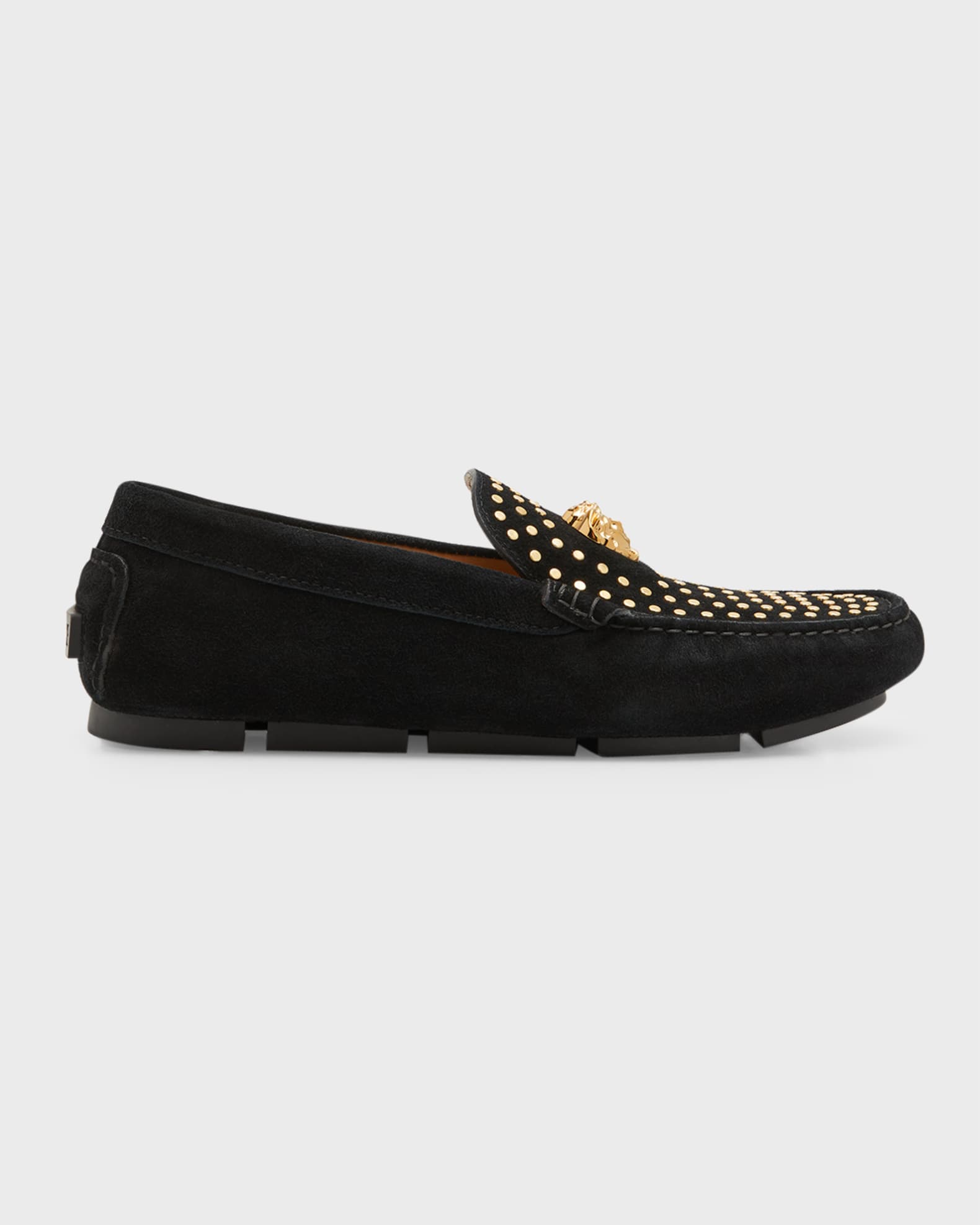 Versace Men's Medusa Head Studded Suede Drivers | Neiman Marcus