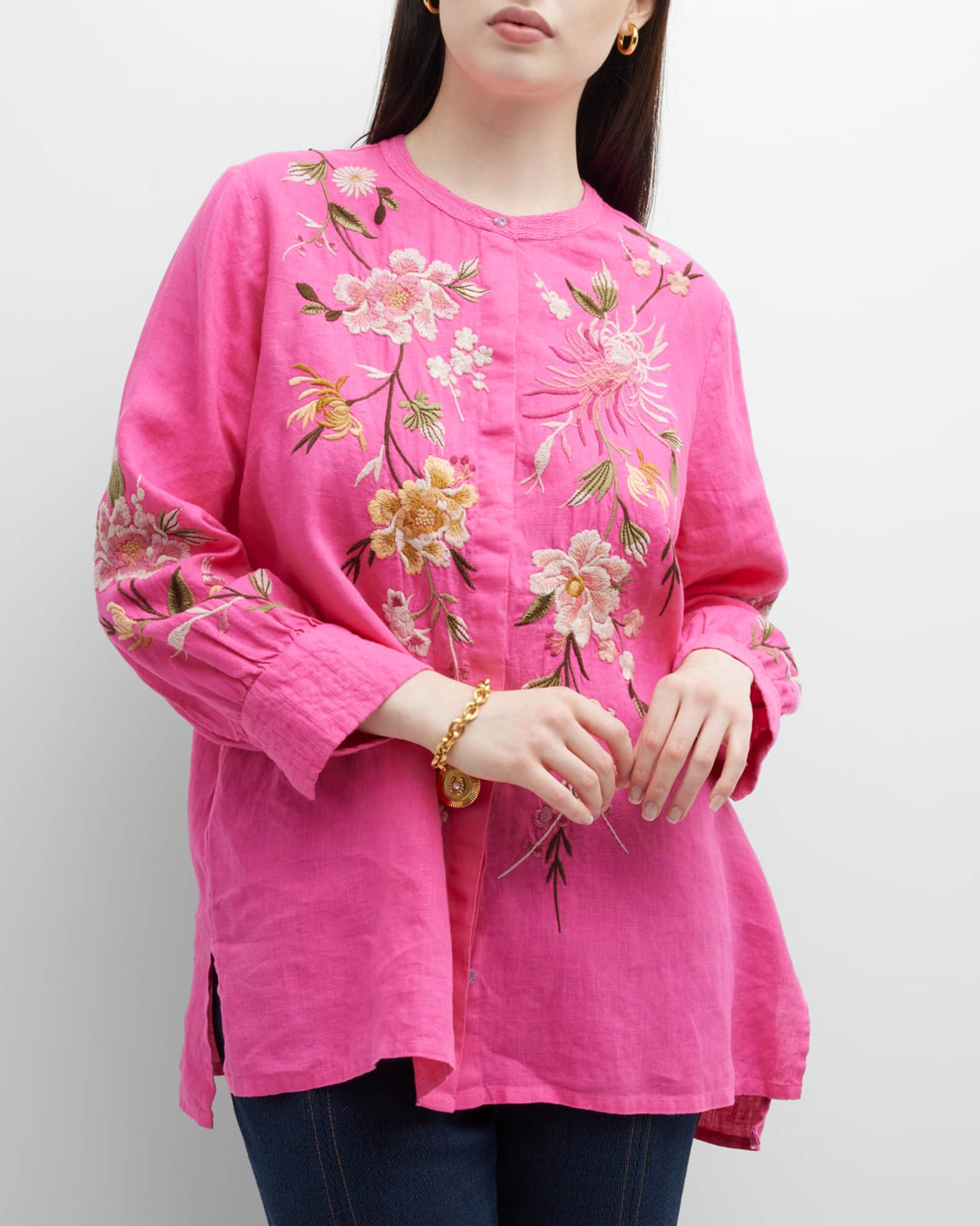 Johnny Was Plus Size Mei Voyager Embroidered Linen Tunic | Neiman Marcus