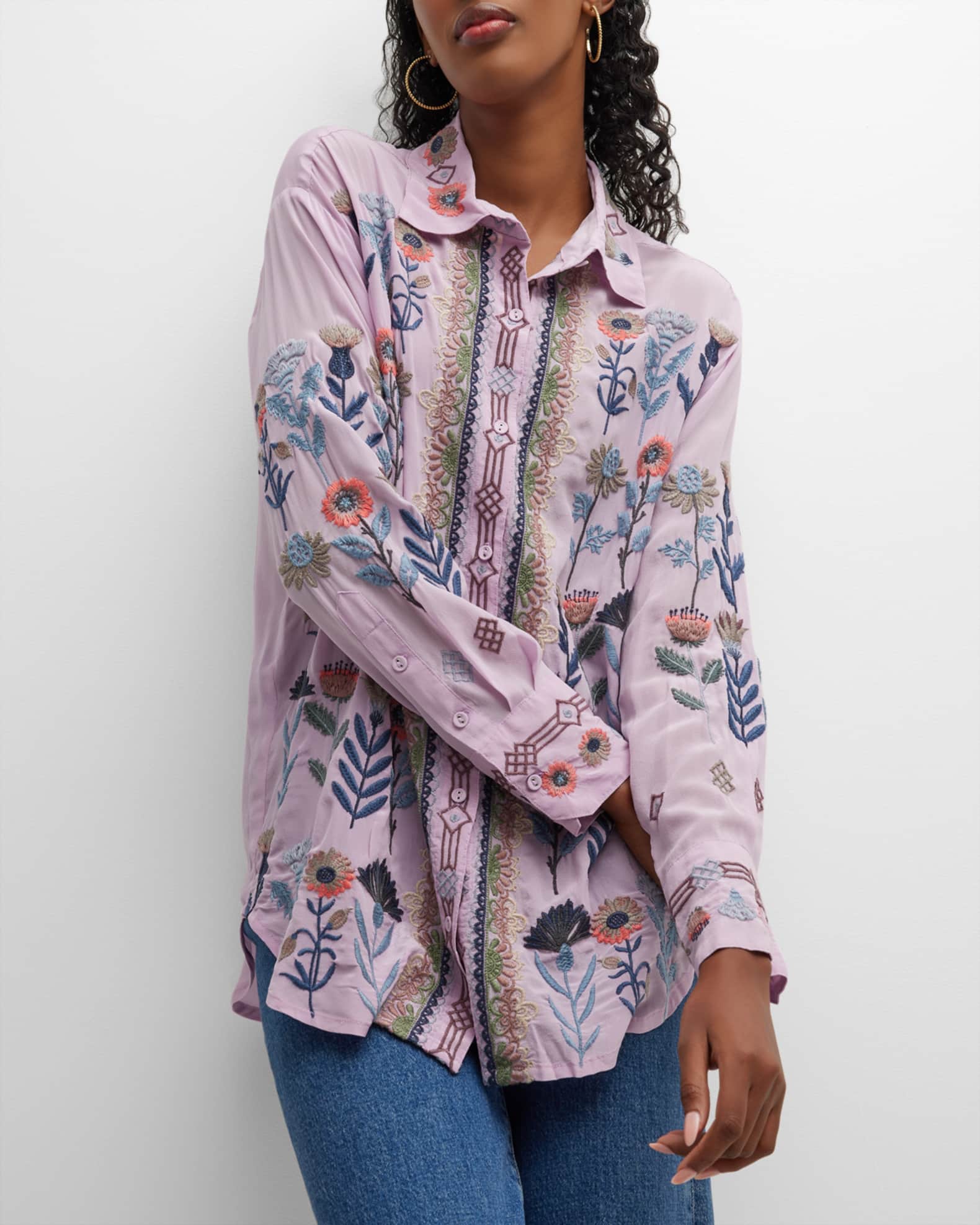 Johnny Was Fields Floral-Embroidered Silk Blouse | Neiman Marcus
