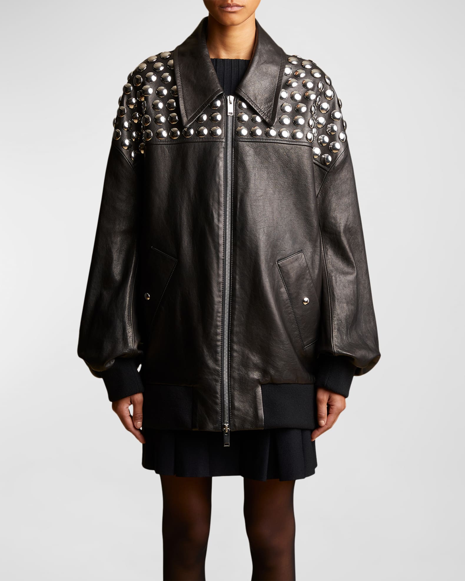 Khaite Ziggy Studded Oversized Leather Bomber Jacket | Neiman Marcus