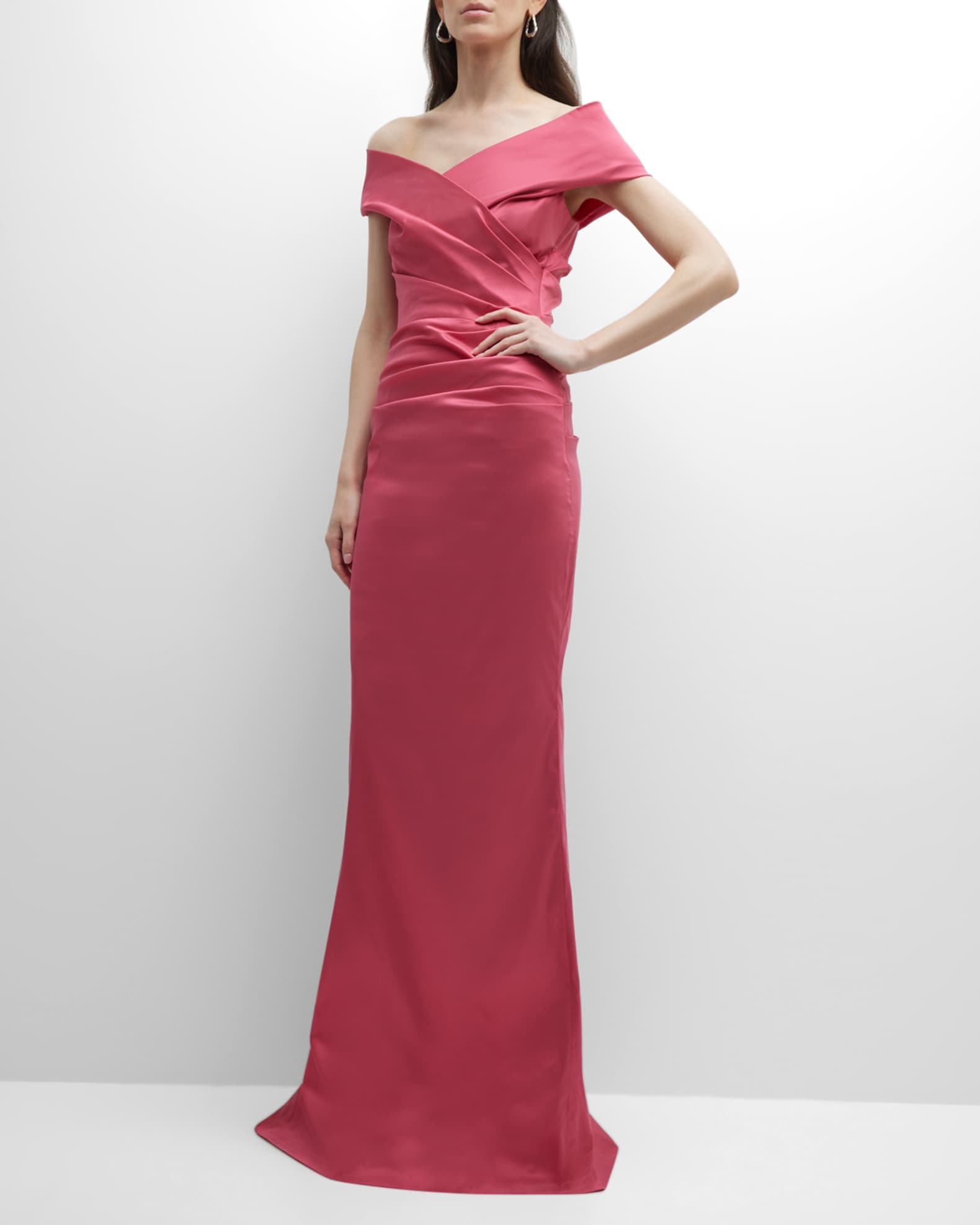 Rickie Freeman for Teri Jon Off-Shoulder Pleated Mikado Gown | Neiman ...