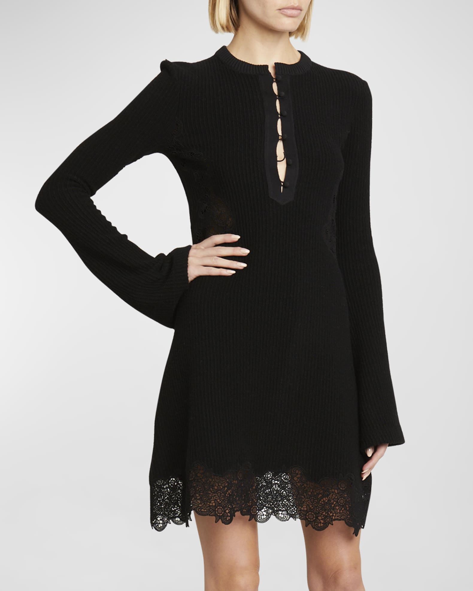 Chloe Lace Insert Flare-Sleeve Rib Short Dress | Neiman Marcus