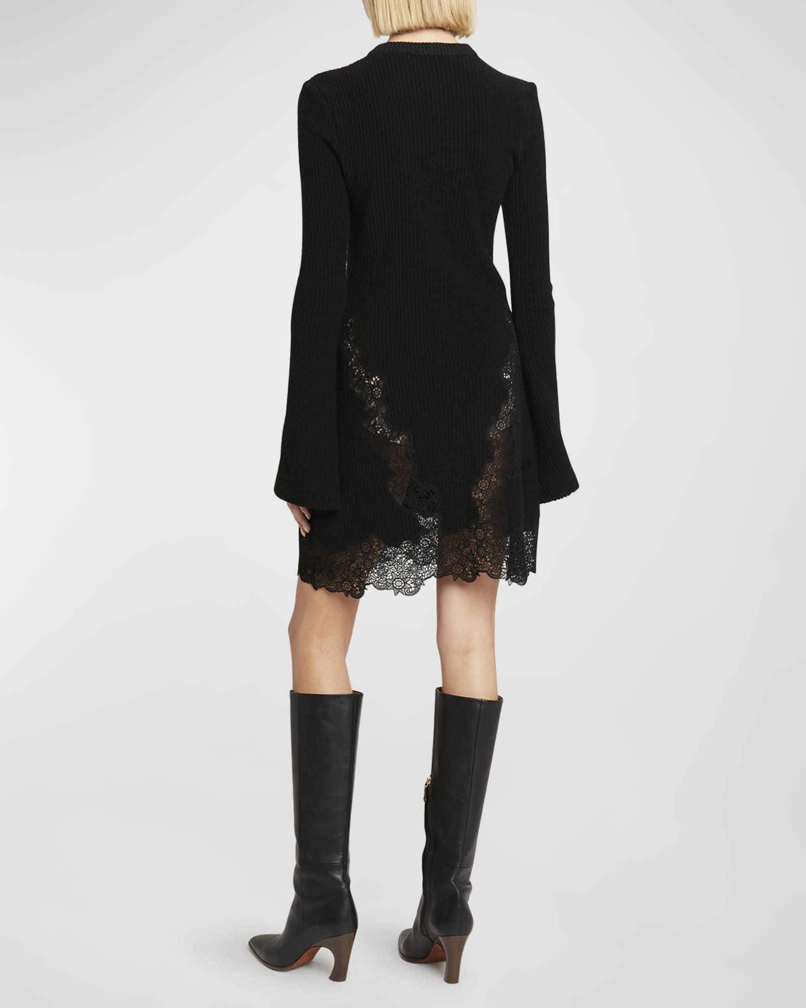 Chloe Lace Insert Flare-Sleeve Rib Short Dress | Neiman Marcus