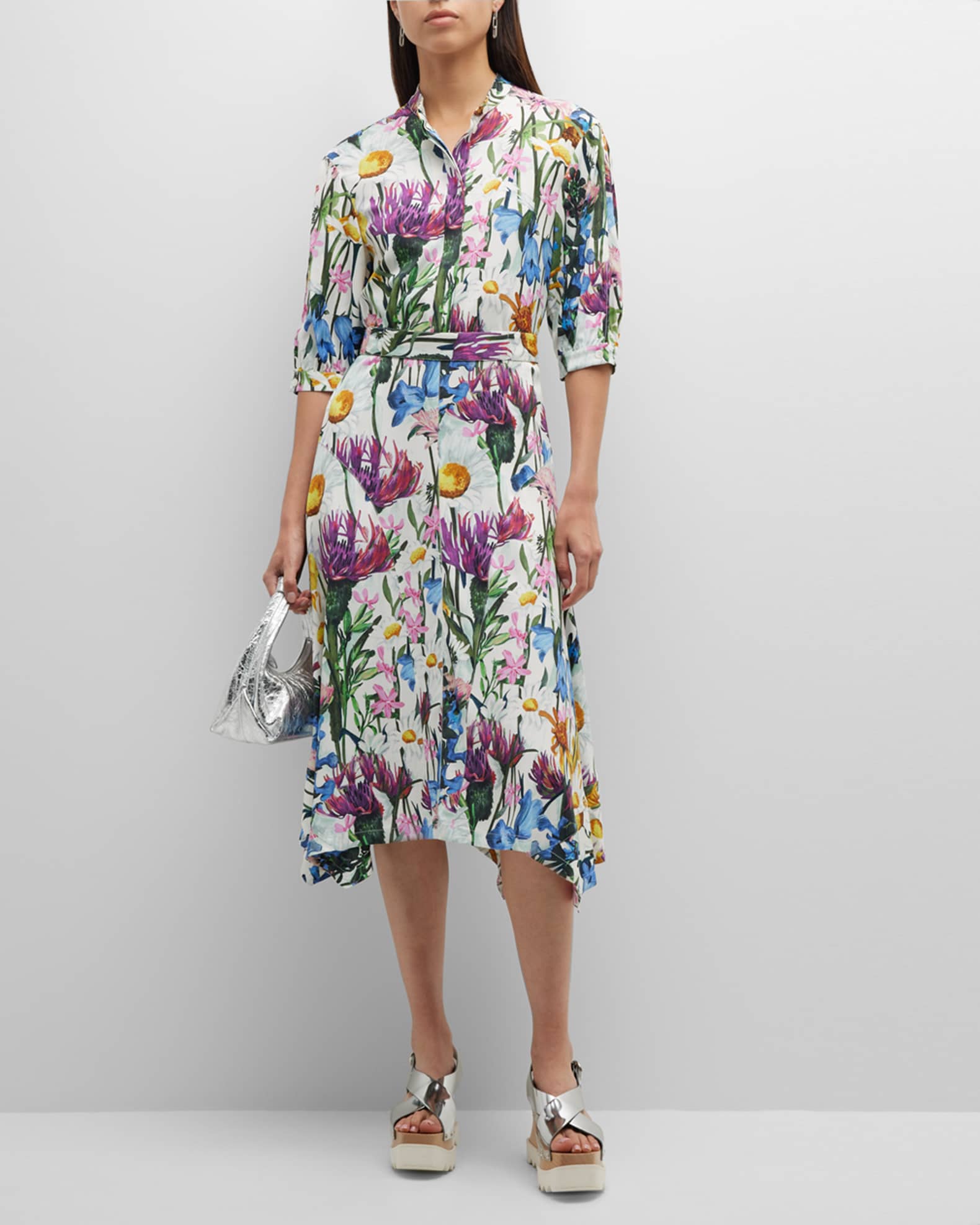Stella McCartney Floral-Print Elbow-Sleeve Midi Shirtdress | Neiman Marcus