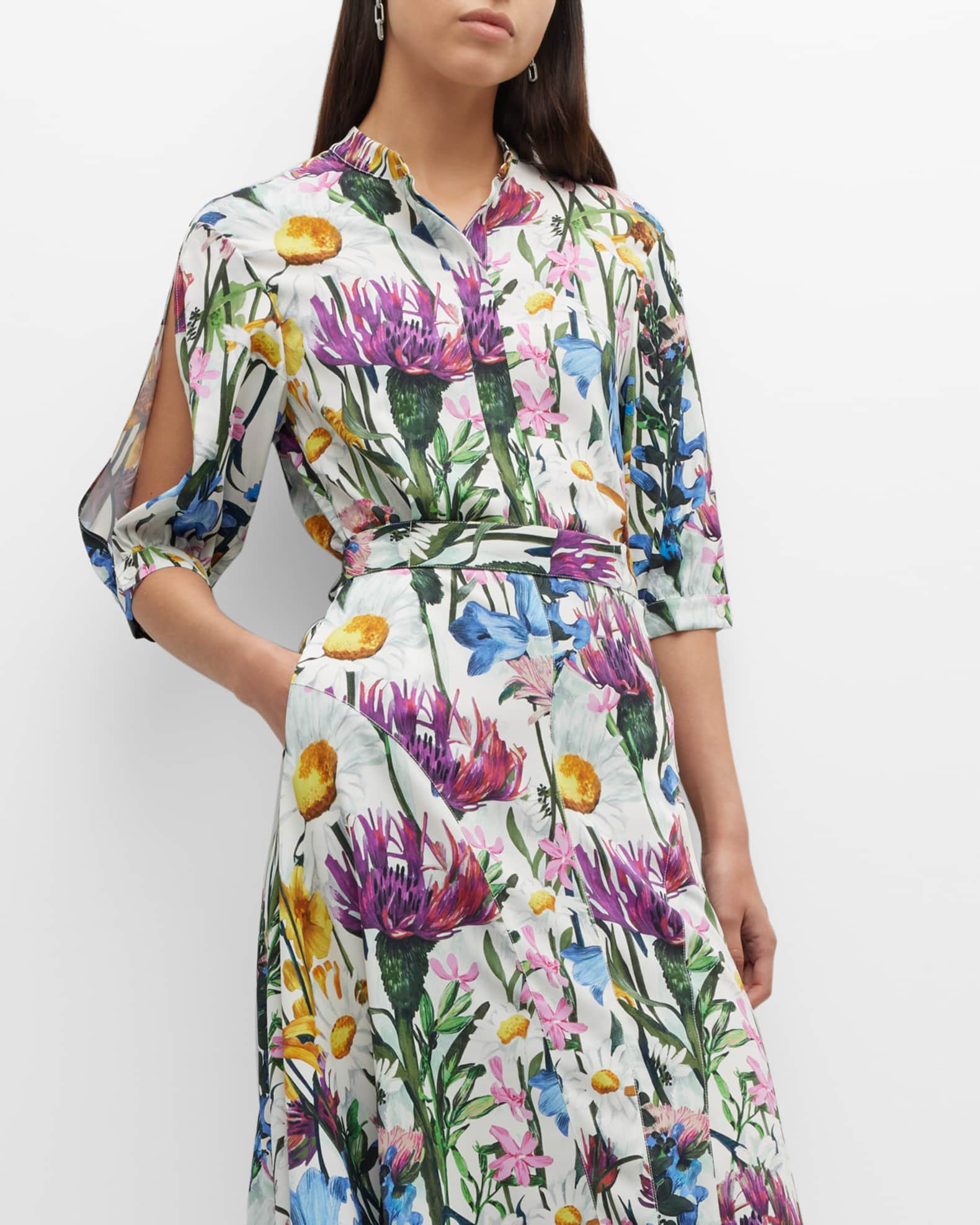 Stella McCartney Floral-Print Elbow-Sleeve Midi Shirtdress | Neiman Marcus