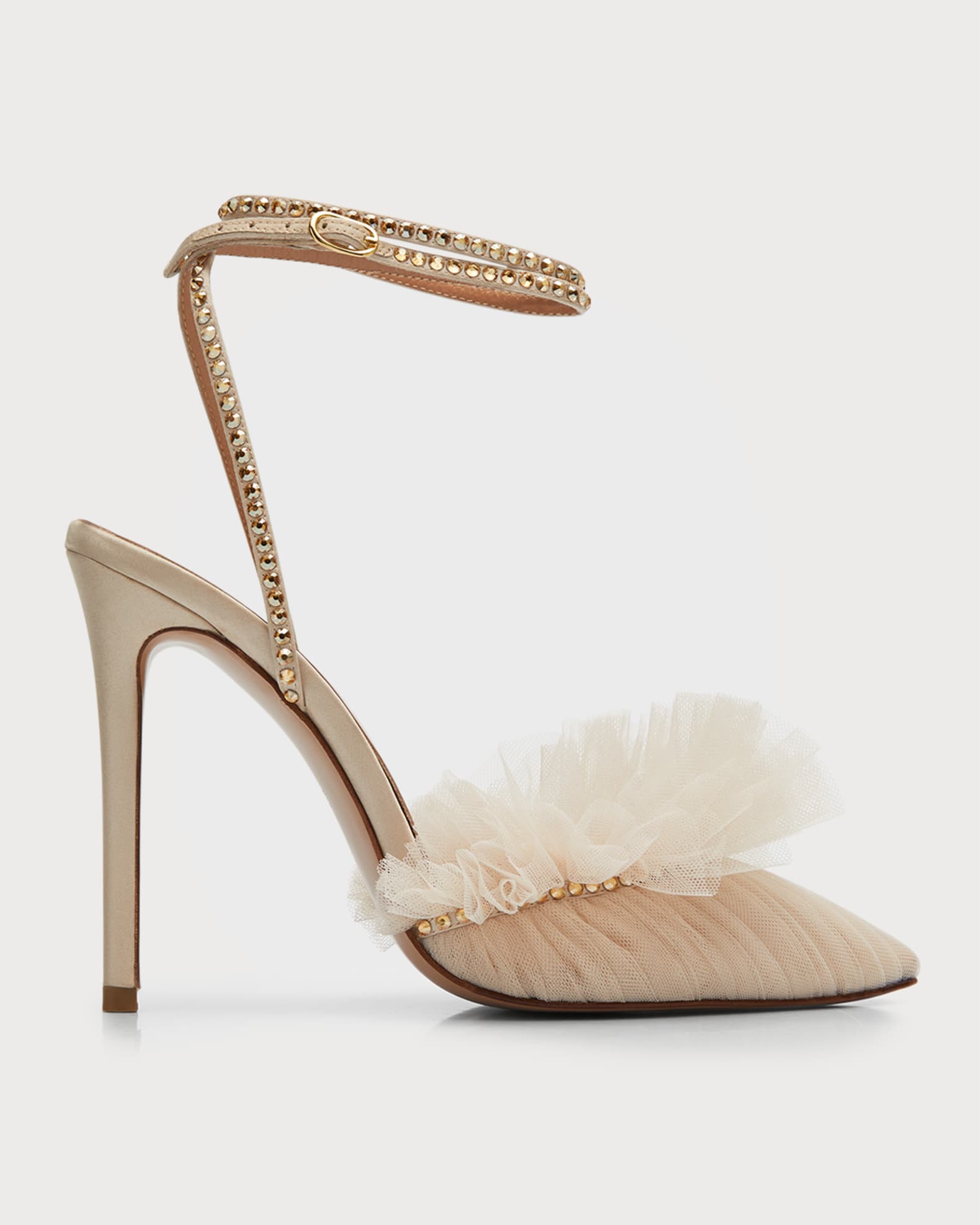 Andrea Wazen Franca Glitz Tulle Ruffle Ankle-Strap Pumps | Neiman Marcus
