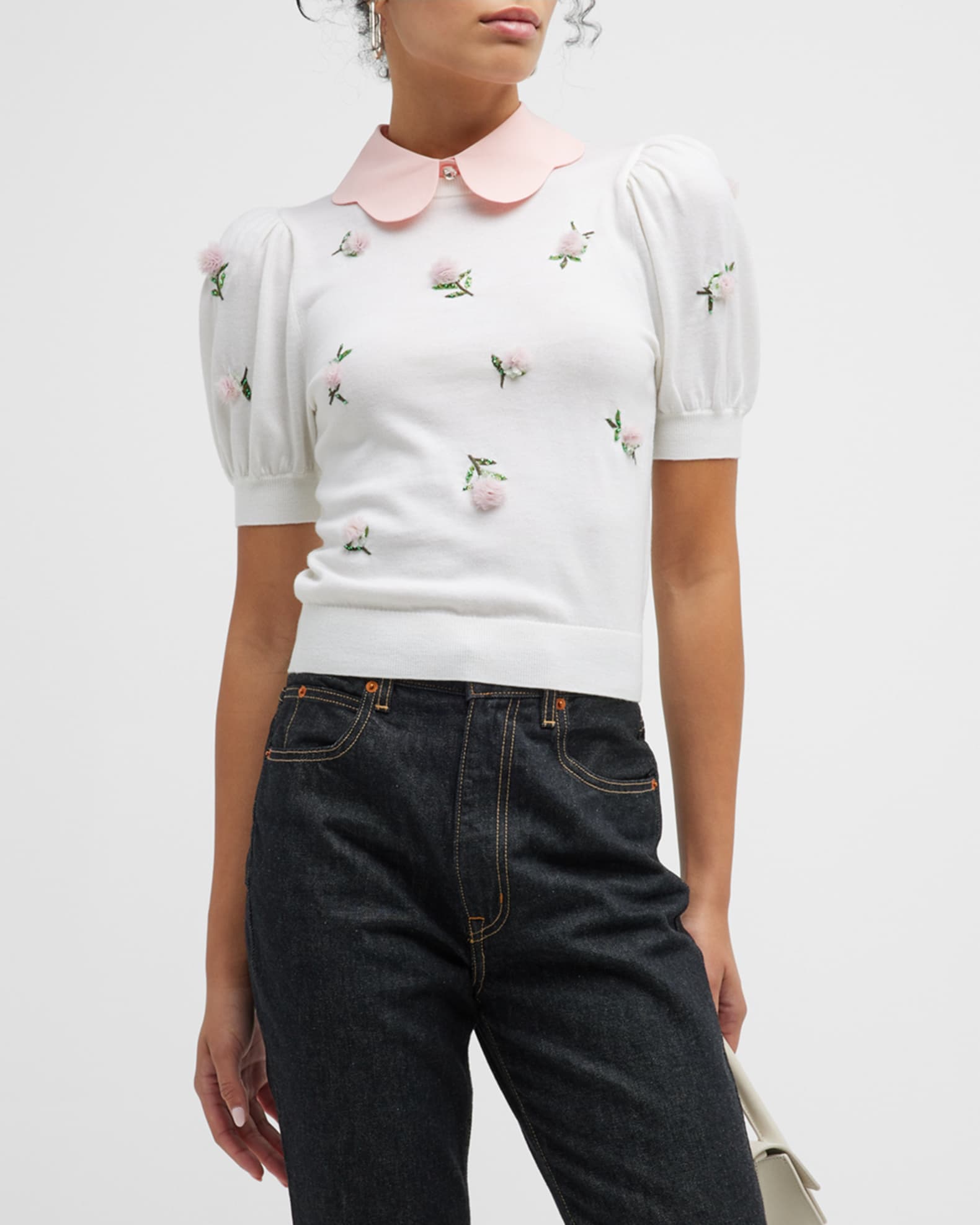 Alice Olivia Chase Puff Sleeve Collared Sweater Neiman Marcus