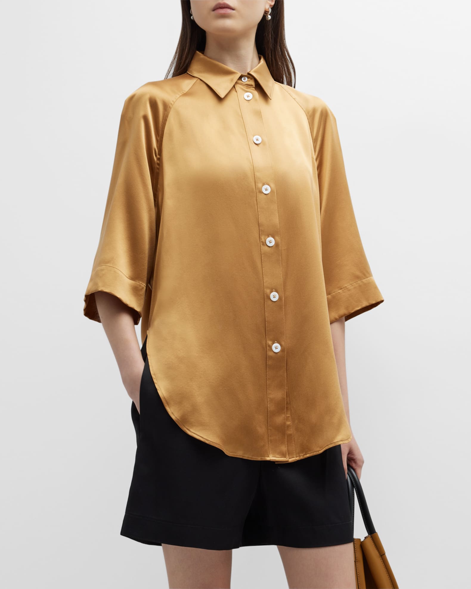 Loulou Studio Datia Short-Sleeve Satin Collared Shirt | Neiman Marcus
