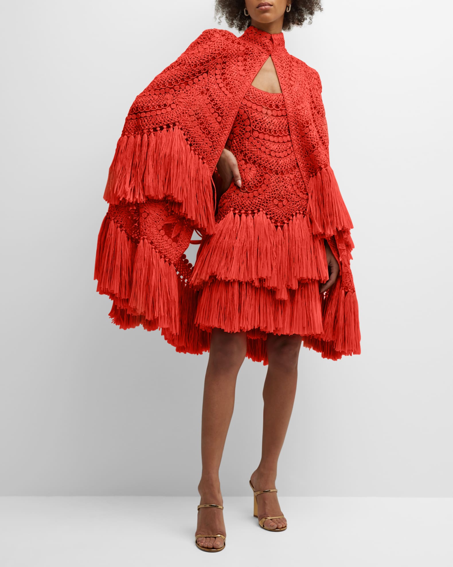 Naeem Khan Raffia Embroidered Tiered Fringe Cape | Neiman Marcus