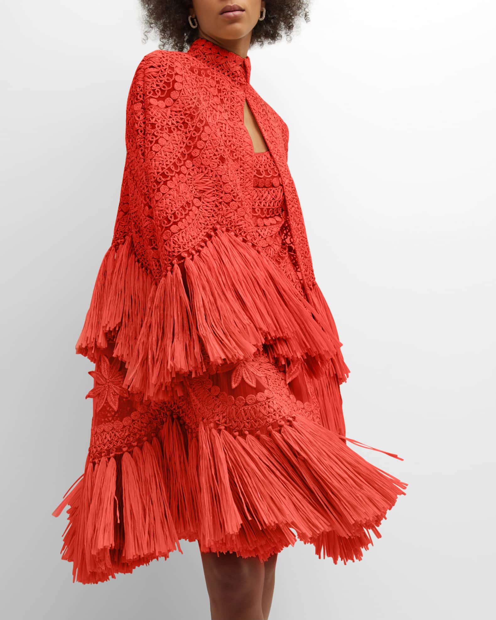 Naeem Khan Raffia Embroidered Tiered Fringe Cape | Neiman Marcus