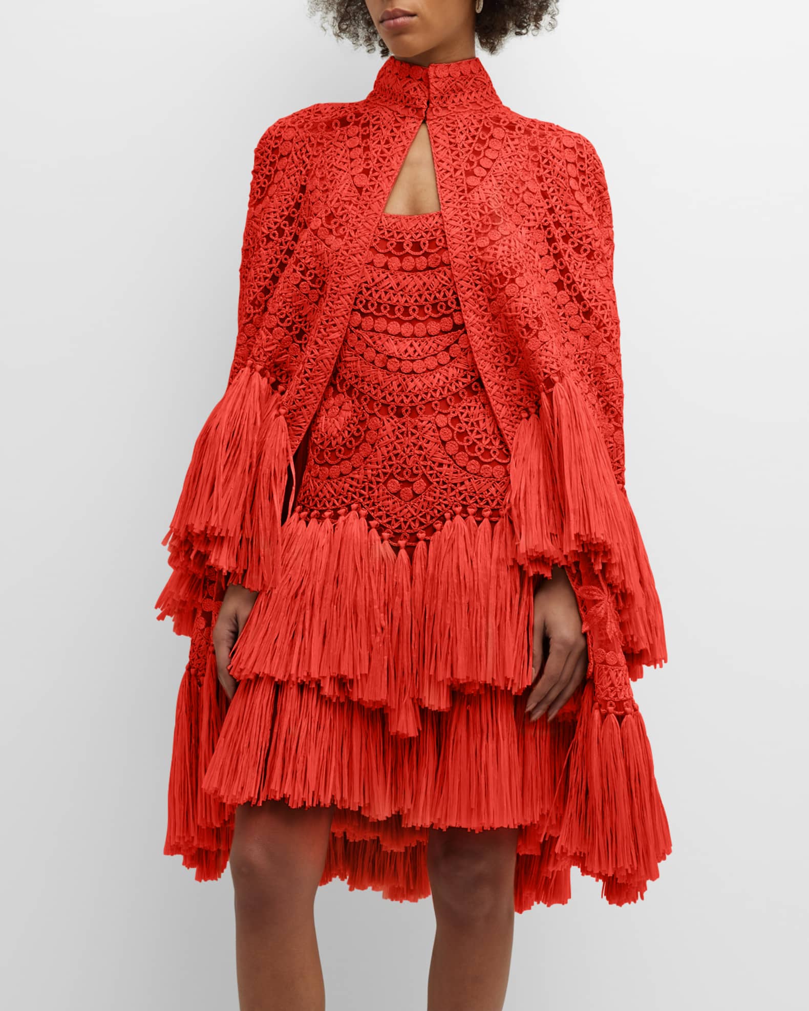 Naeem Khan Raffia Embroidered Tiered Fringe Cape | Neiman Marcus