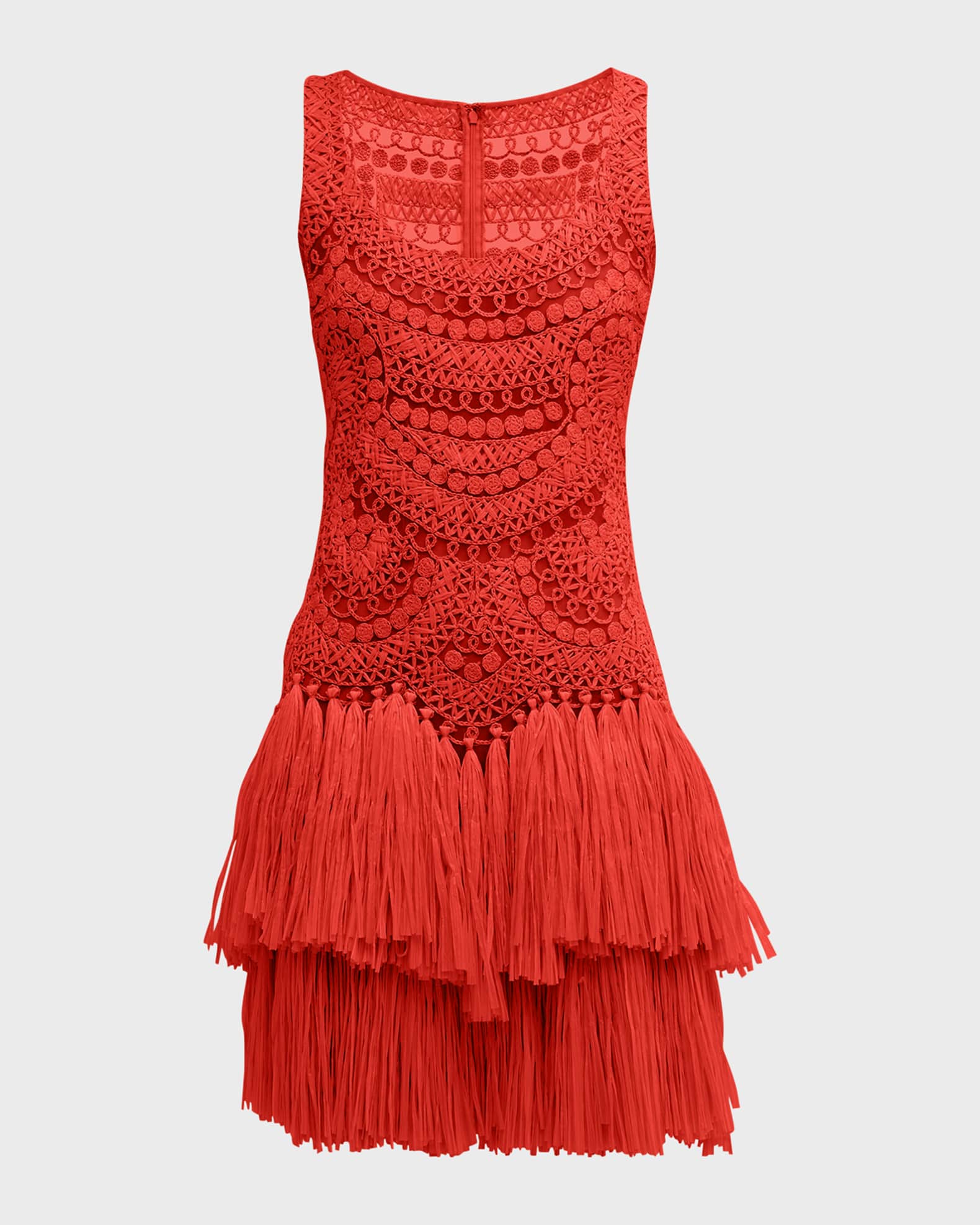 Naeem Khan Raffia Embroidered Tiered Fringe Tunic Dress | Neiman Marcus
