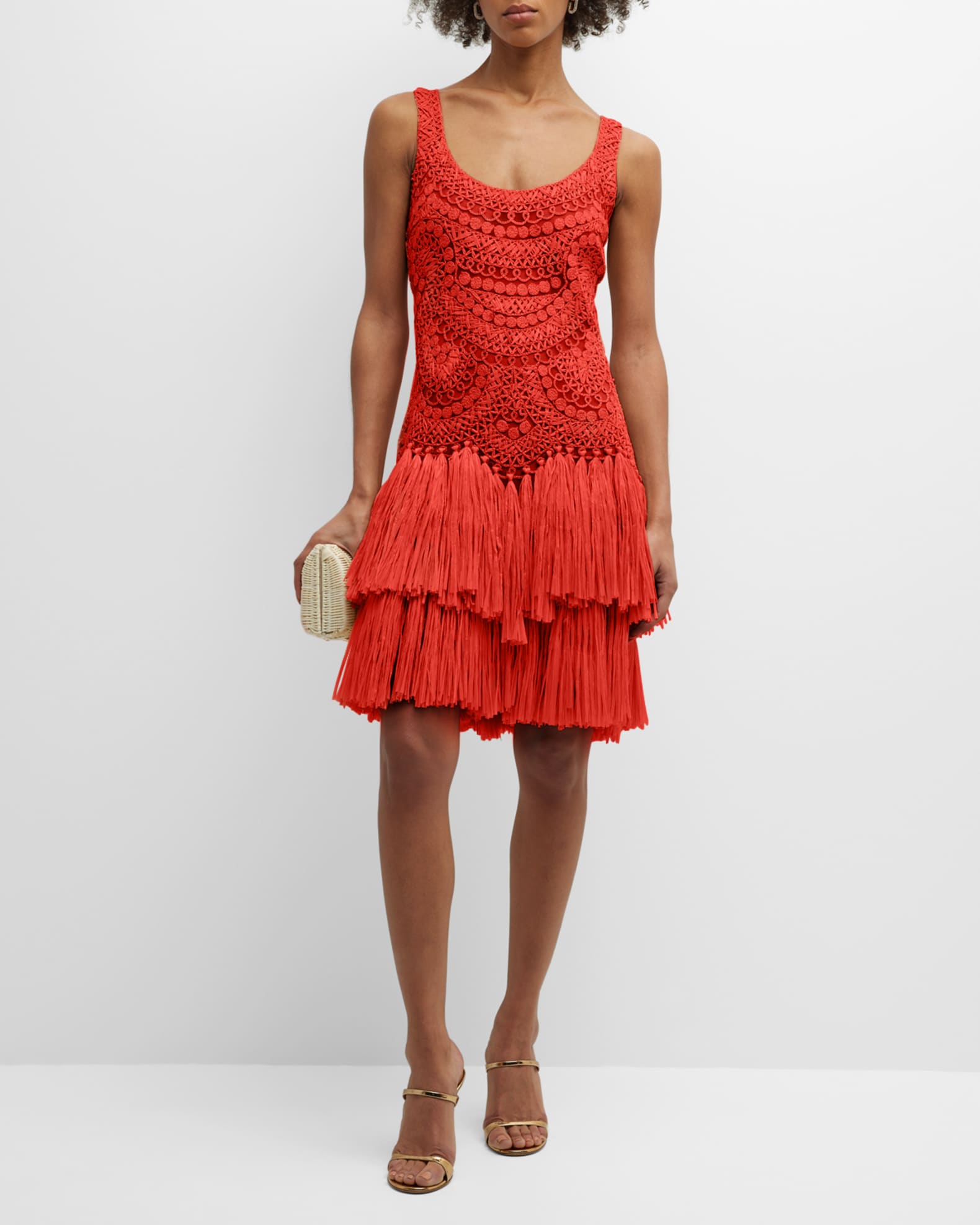 Naeem Khan Raffia Embroidered Tiered Fringe Tunic Dress | Neiman Marcus