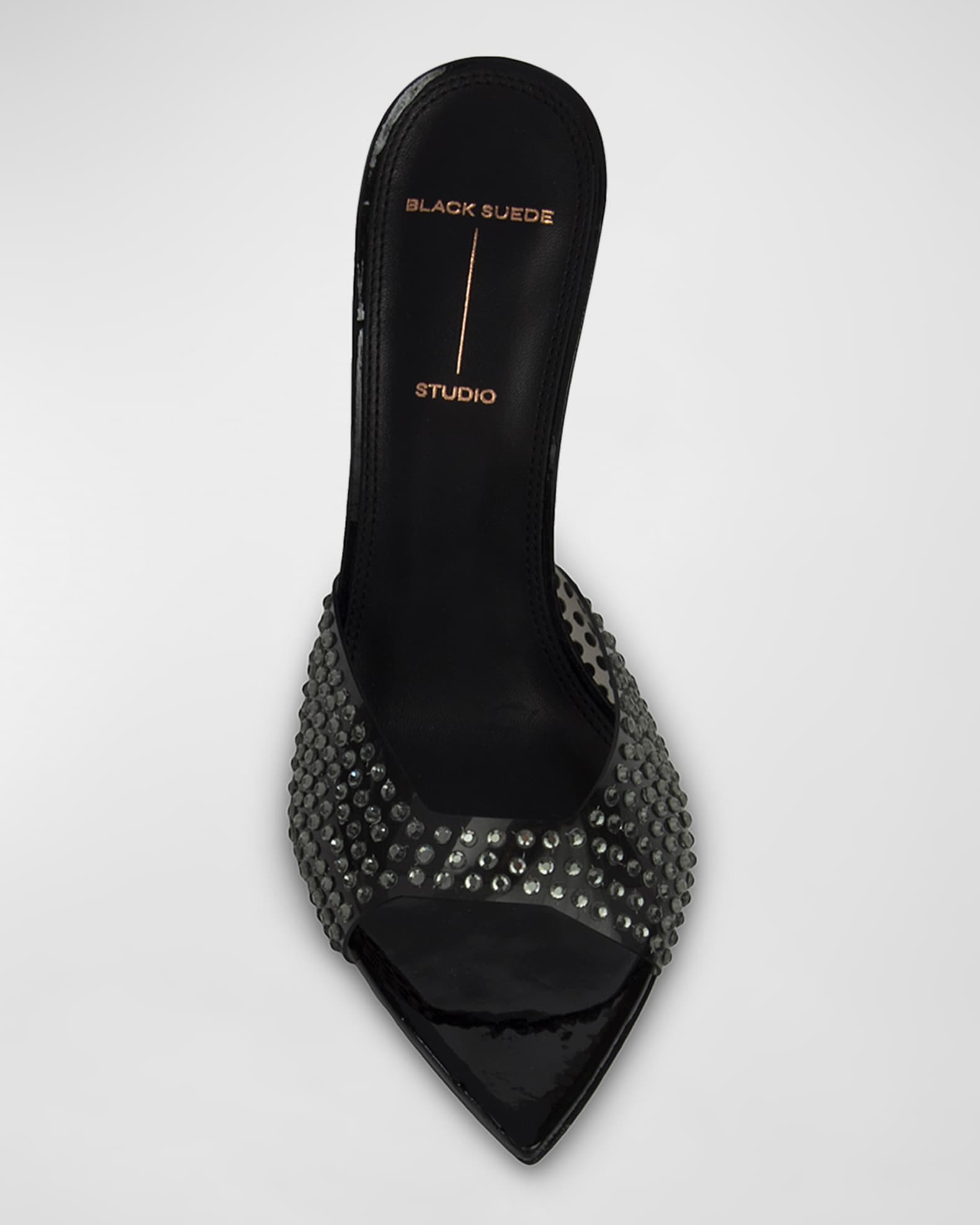 Black Suede Studio Bestie Point-Toe Vinyl Mule Sandals | Neiman Marcus