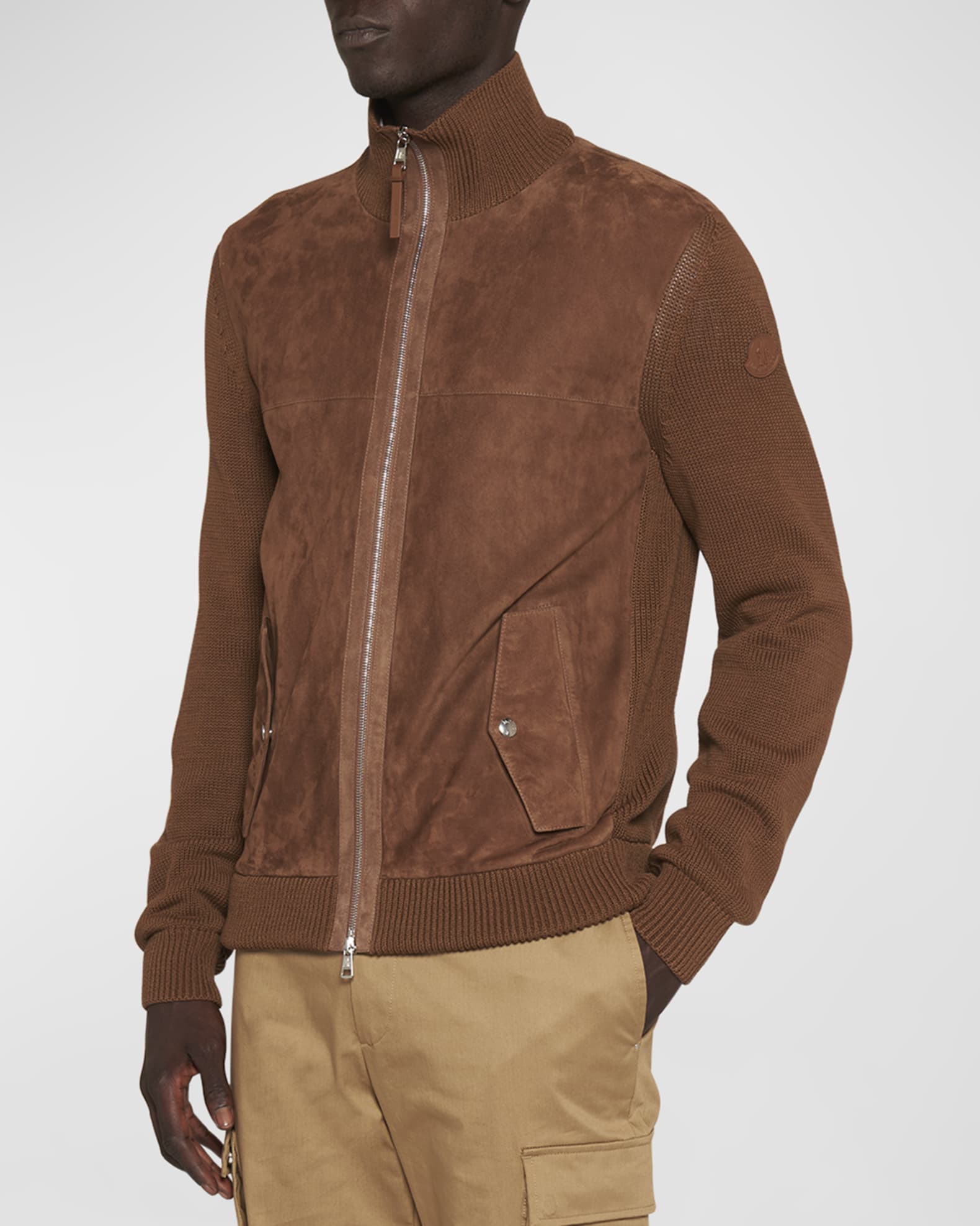 Moncler Men's Suede-Front Knit Zip Sweater | Neiman Marcus