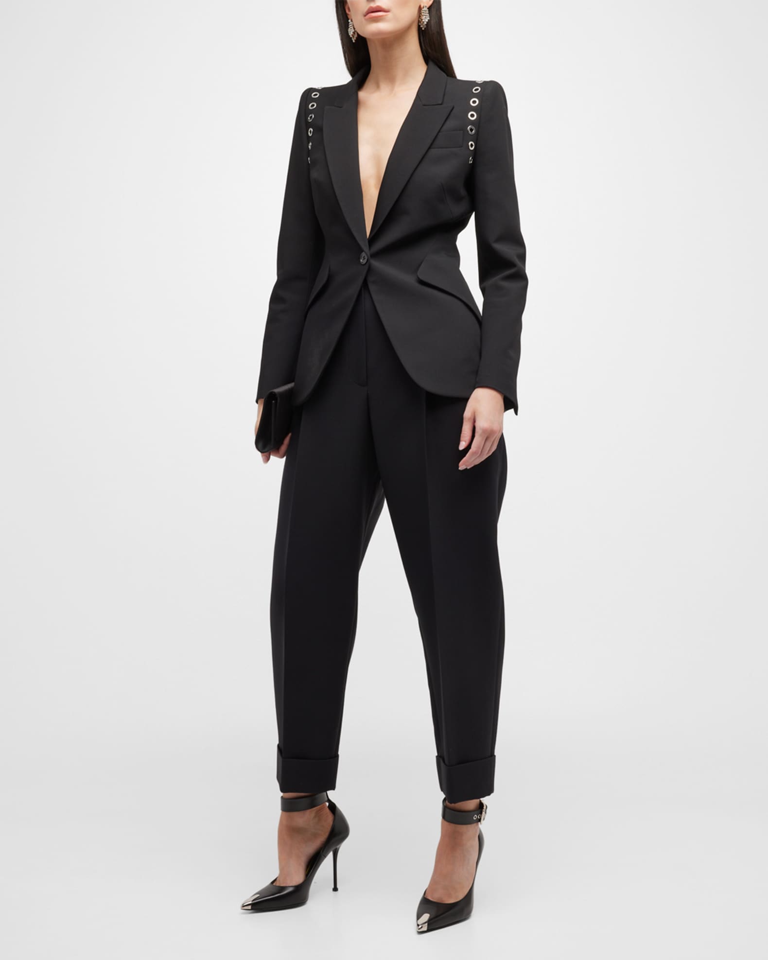 Alexander McQueen Peak Shoulder Blazer Jacket w/ Eyelet Detail | Neiman ...