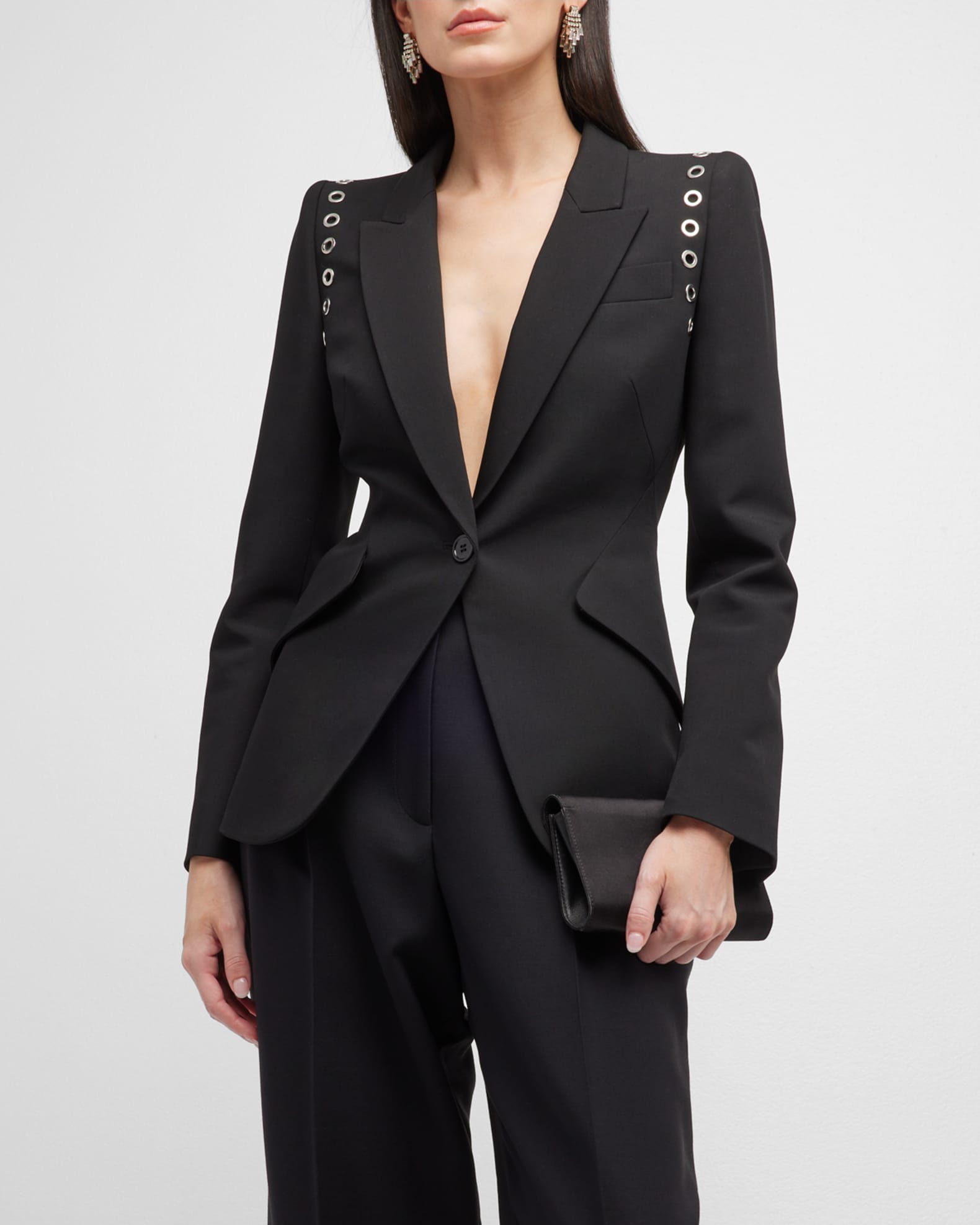 Alexander McQueen Peak Shoulder Blazer Jacket w/ Eyelet Detail | Neiman ...