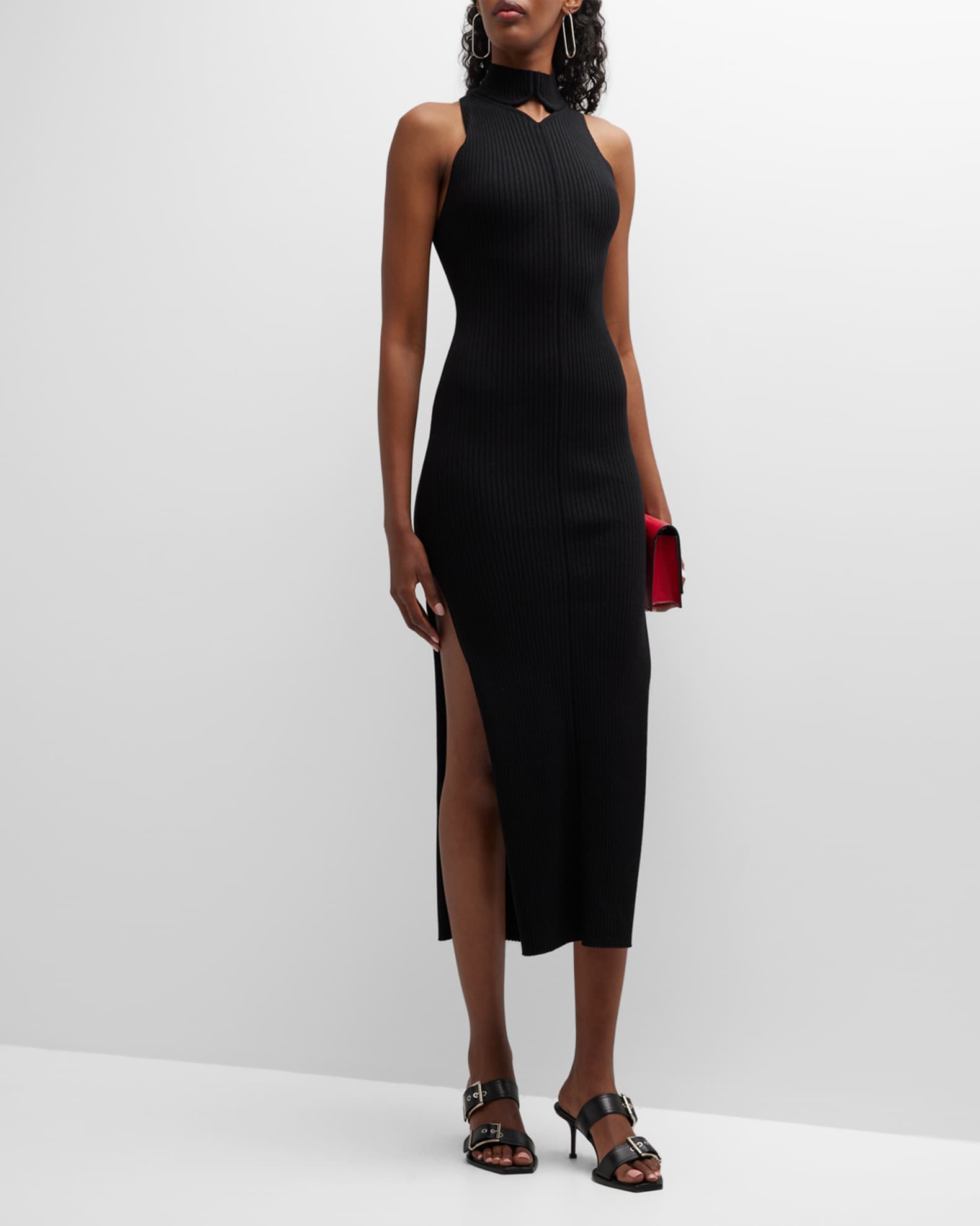 Courreges Rib-Knit Maxi Dress with Diamond Cutout | Neiman Marcus