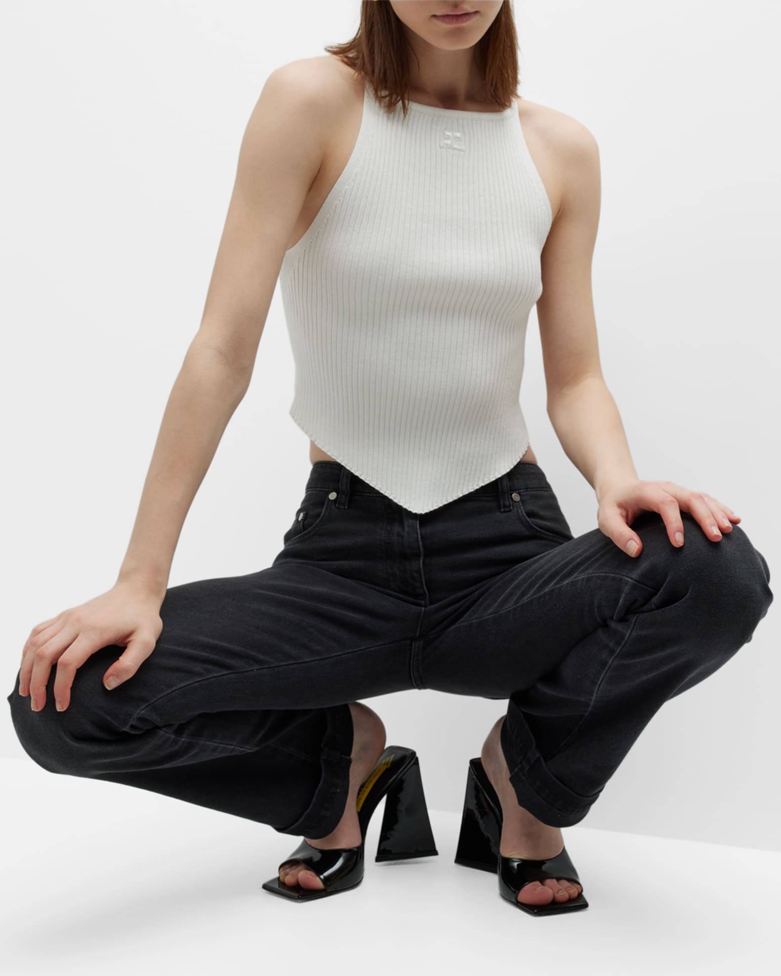 Courreges Rib-Knit Tank Top with Pointed Hem | Neiman Marcus