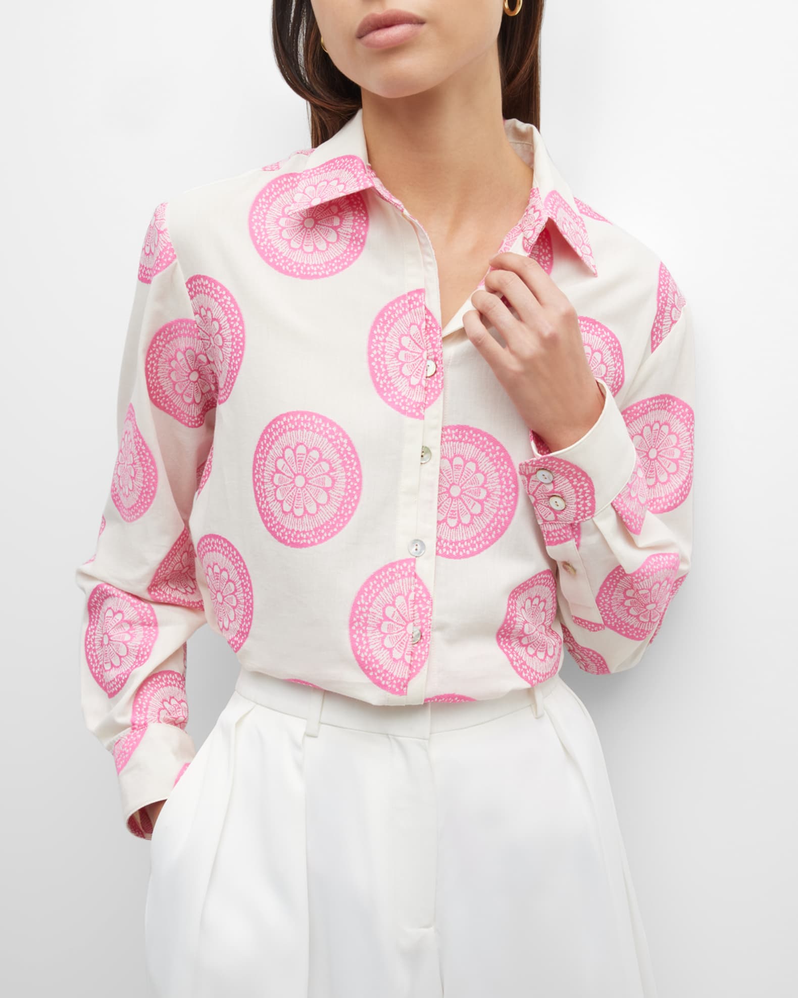 Finley Alexa Medallion-Print Point-Collar Boyfriend Shirt | Neiman Marcus