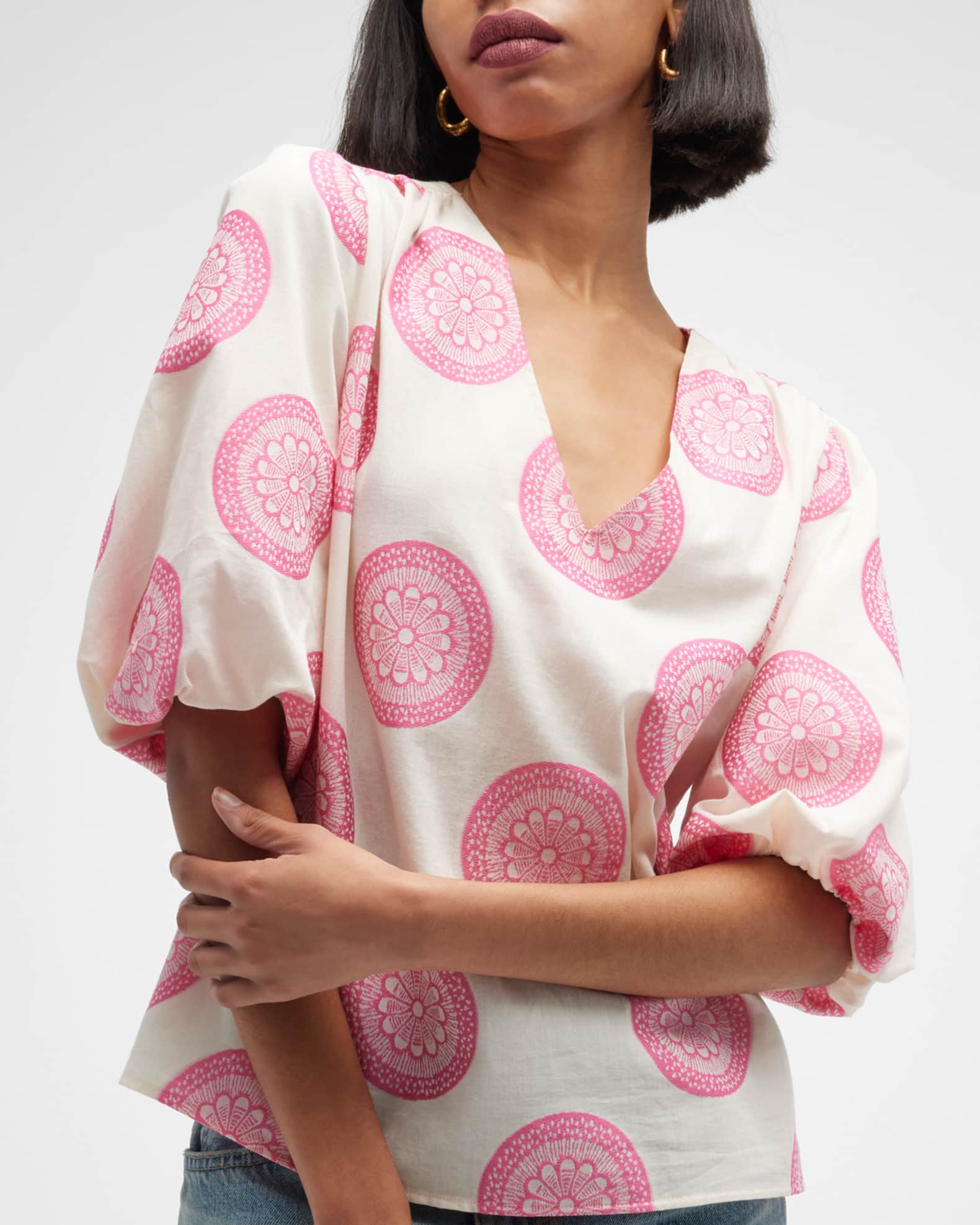 Finley Tish Medallion-Print Puff-Sleeve Top | Neiman Marcus