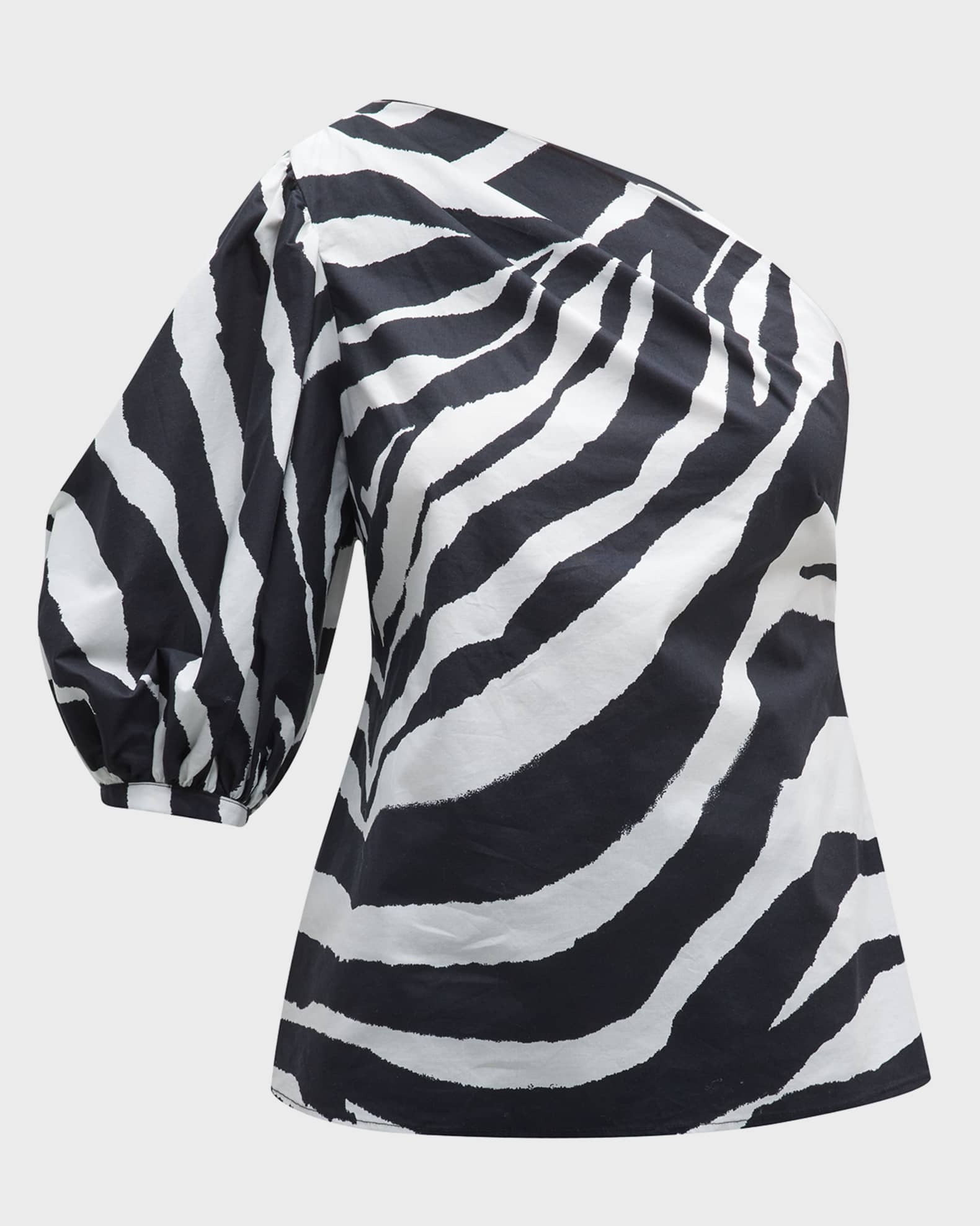 Natori One-Shoulder Zebra-Print Poplin Top | Neiman Marcus