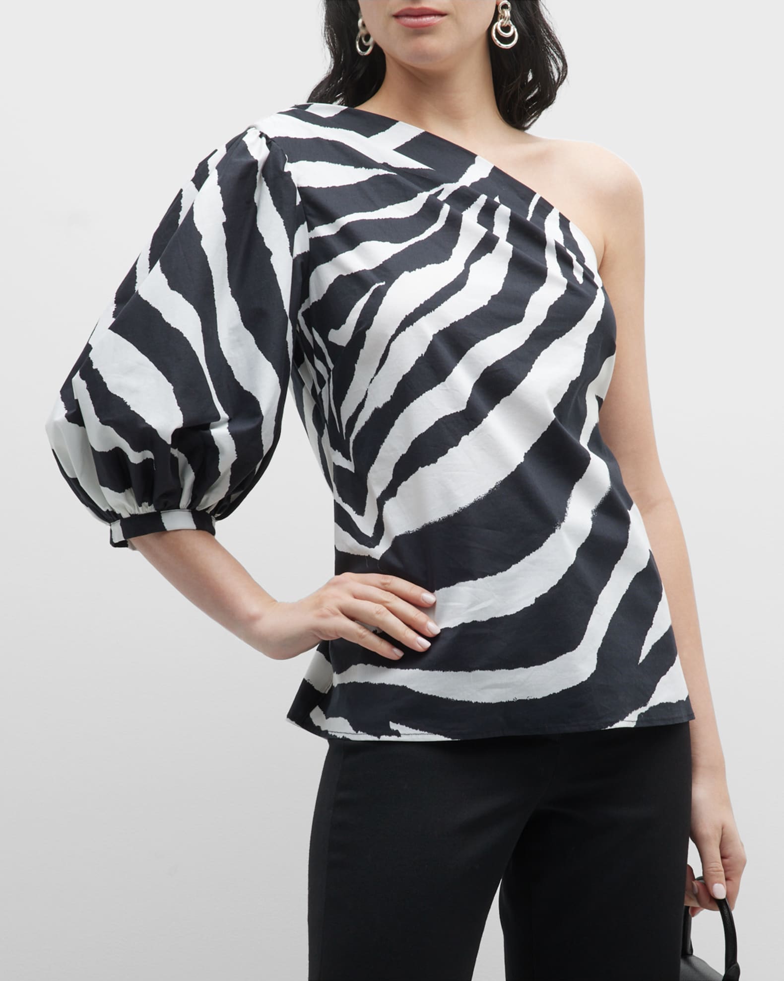 Natori One-Shoulder Zebra-Print Poplin Top | Neiman Marcus