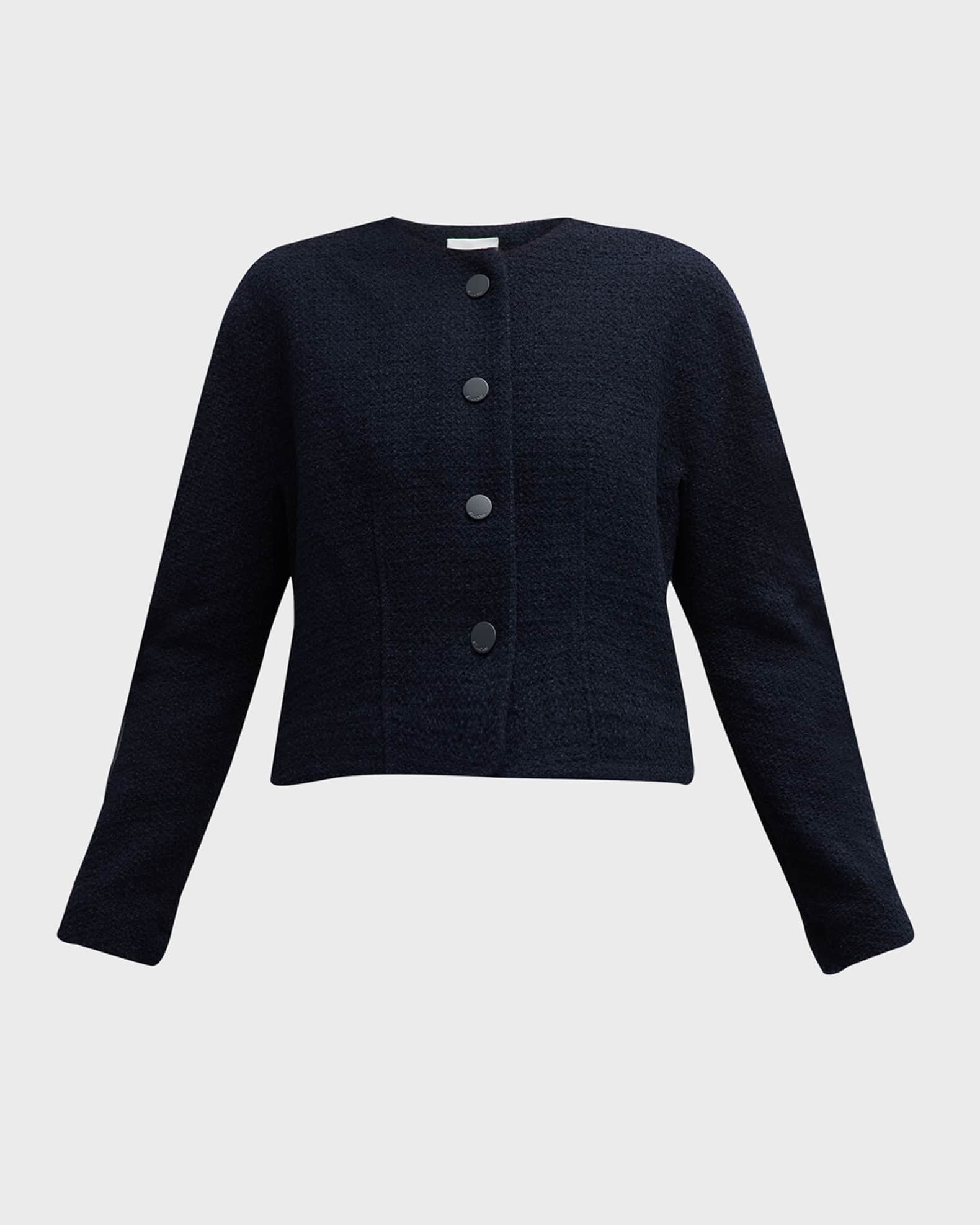 St. John Vegan Leather-Trim Textured Tweed Short Jacket | Neiman Marcus