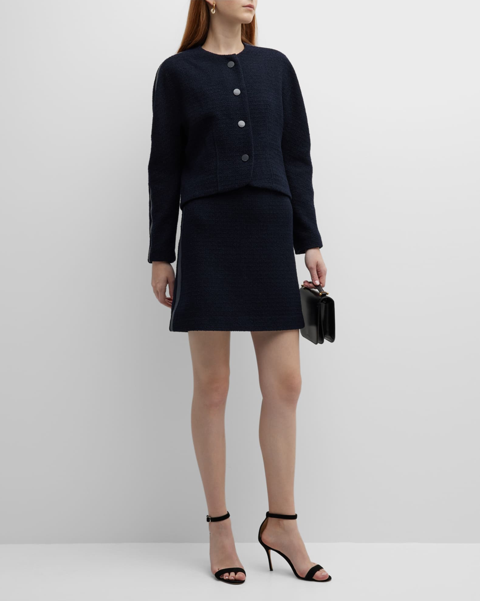 St. John Vegan Leather-Trim Textured Tweed Short Jacket | Neiman Marcus