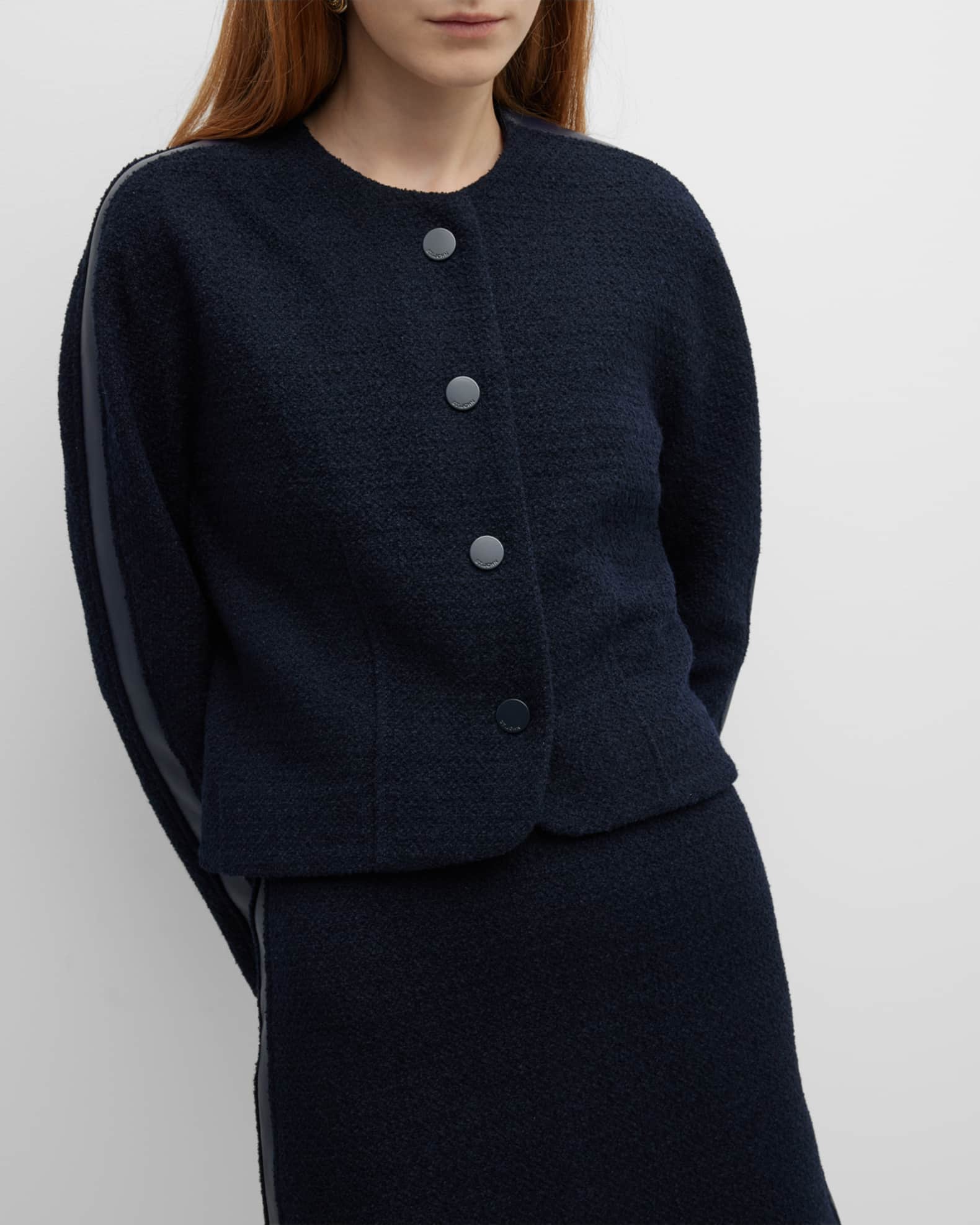 St. John Vegan Leather-Trim Textured Tweed Short Jacket | Neiman Marcus