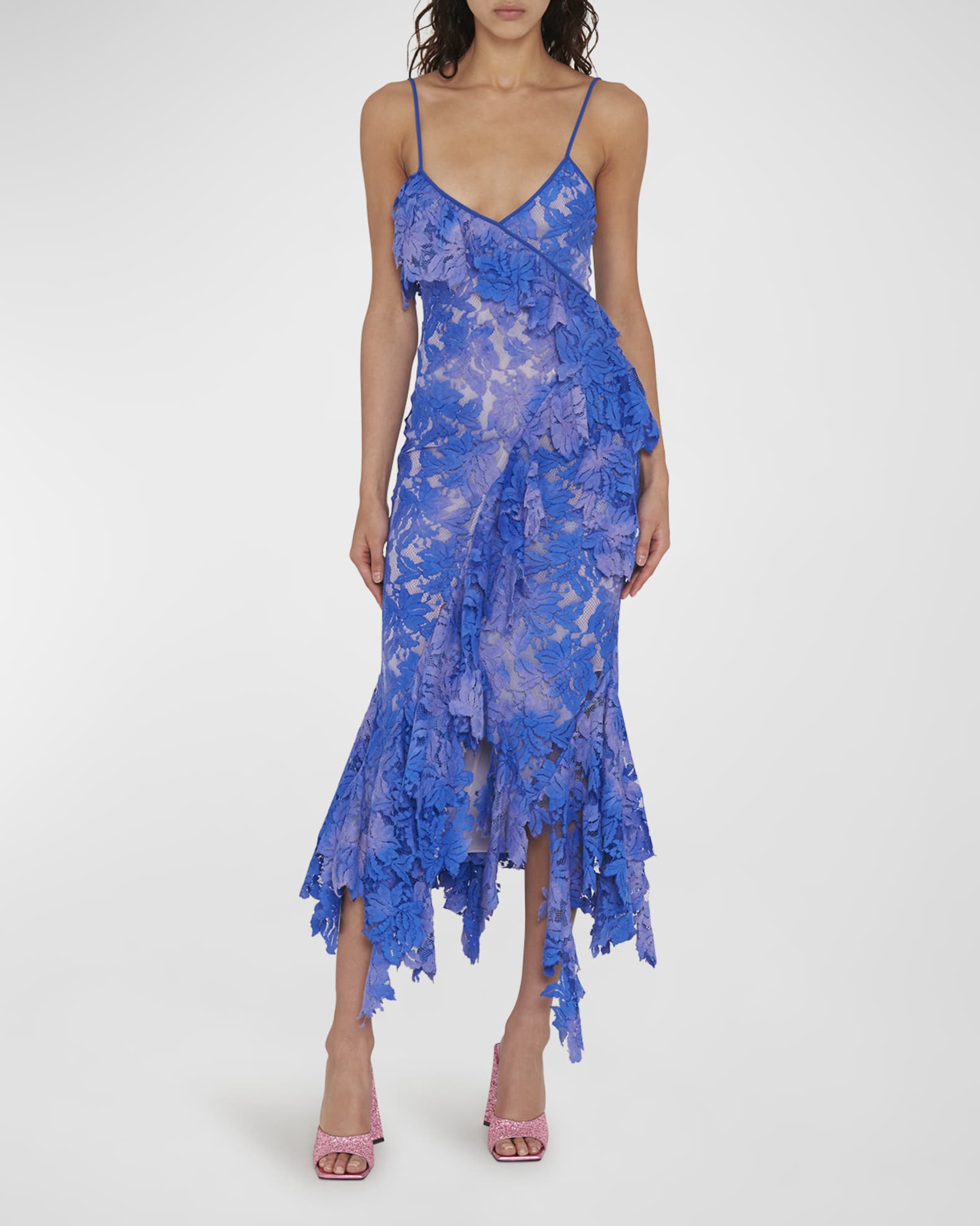 The Attico Thelma Ruffle Godet-Hem Lace Midi Dress | Neiman Marcus