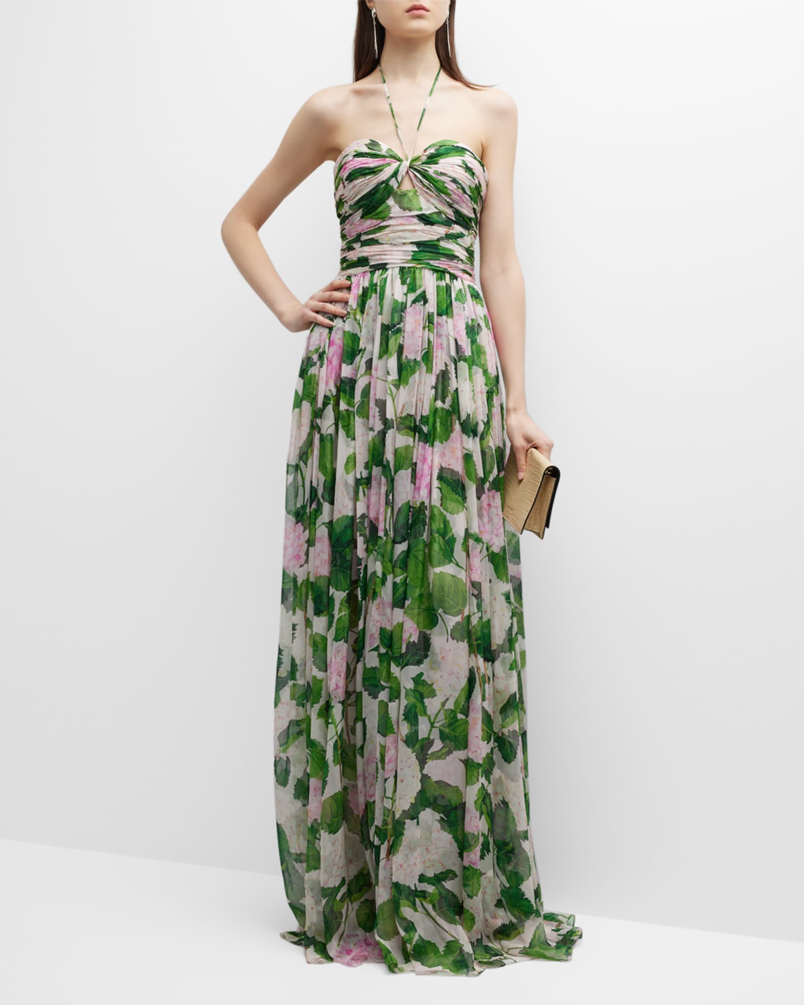Oscar de la Renta Draped Chiffon Hydrangea Printed Gown | Neiman Marcus