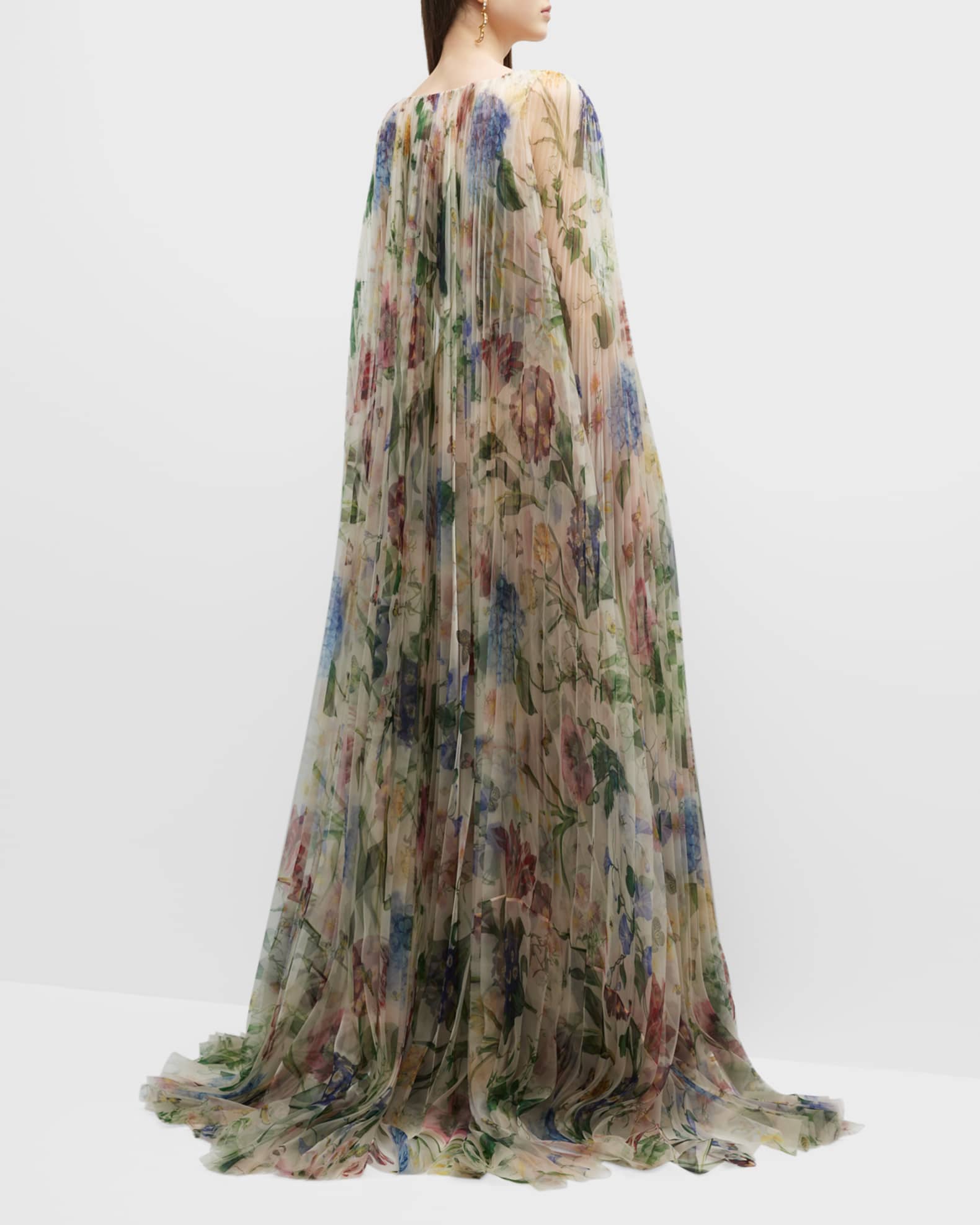 Oscar de la Renta Pleated Multi-Floral Gossamer Gown with Cape | Neiman ...