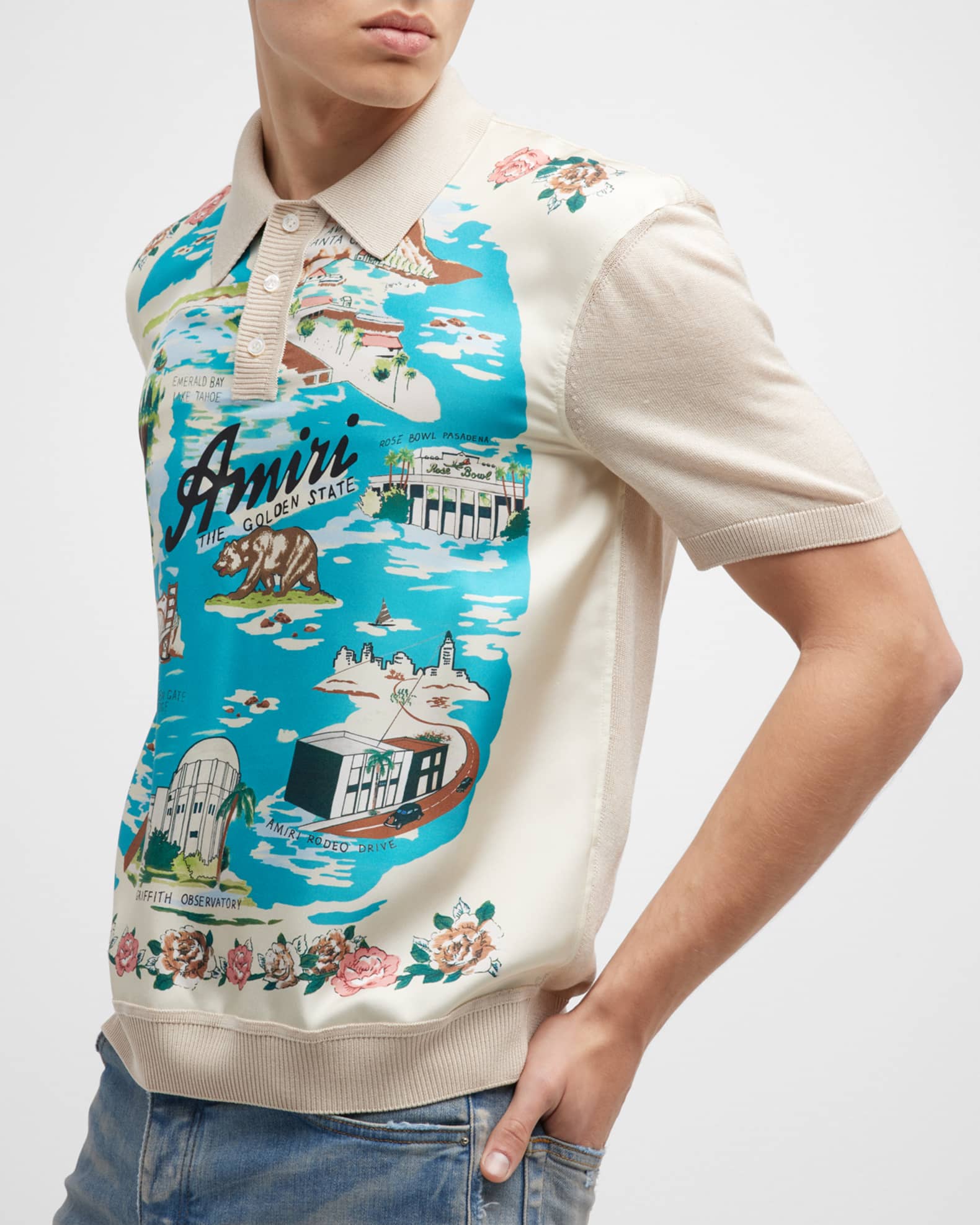Amiri Men's Aloha Graphic Silk Polo Shirt | Neiman Marcus