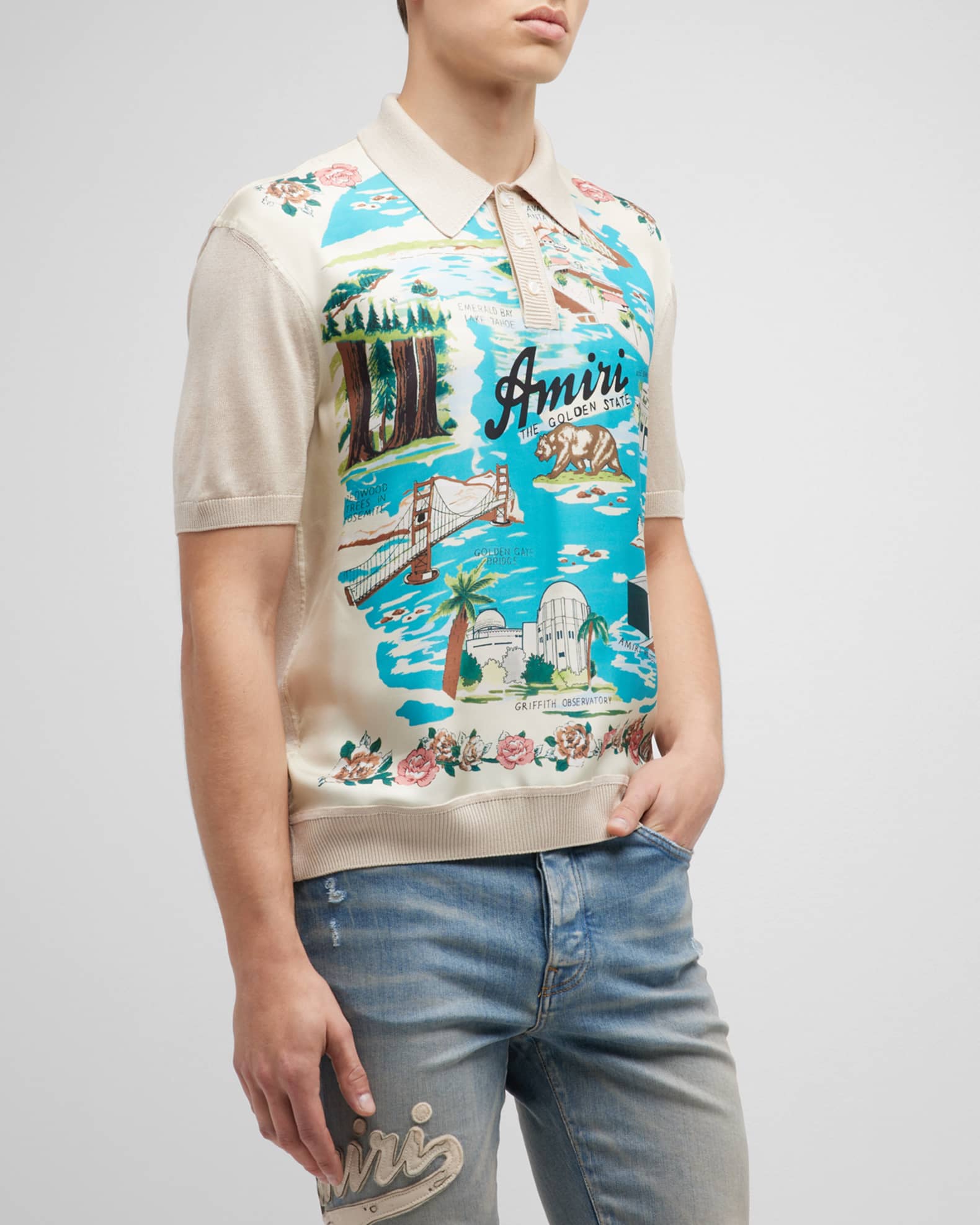 Amiri Men's Aloha Graphic Silk Polo Shirt | Neiman Marcus
