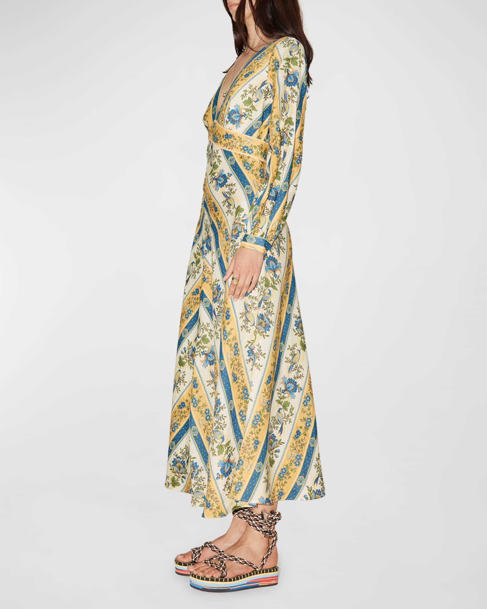 ALEMAIS Quinn Chevron-Print Linen Midi Dress | Neiman Marcus