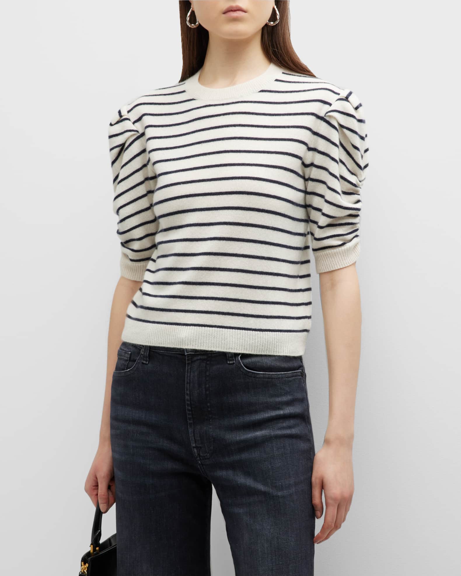 FRAME Stripe Ruched Sleeve Sweater | Neiman Marcus