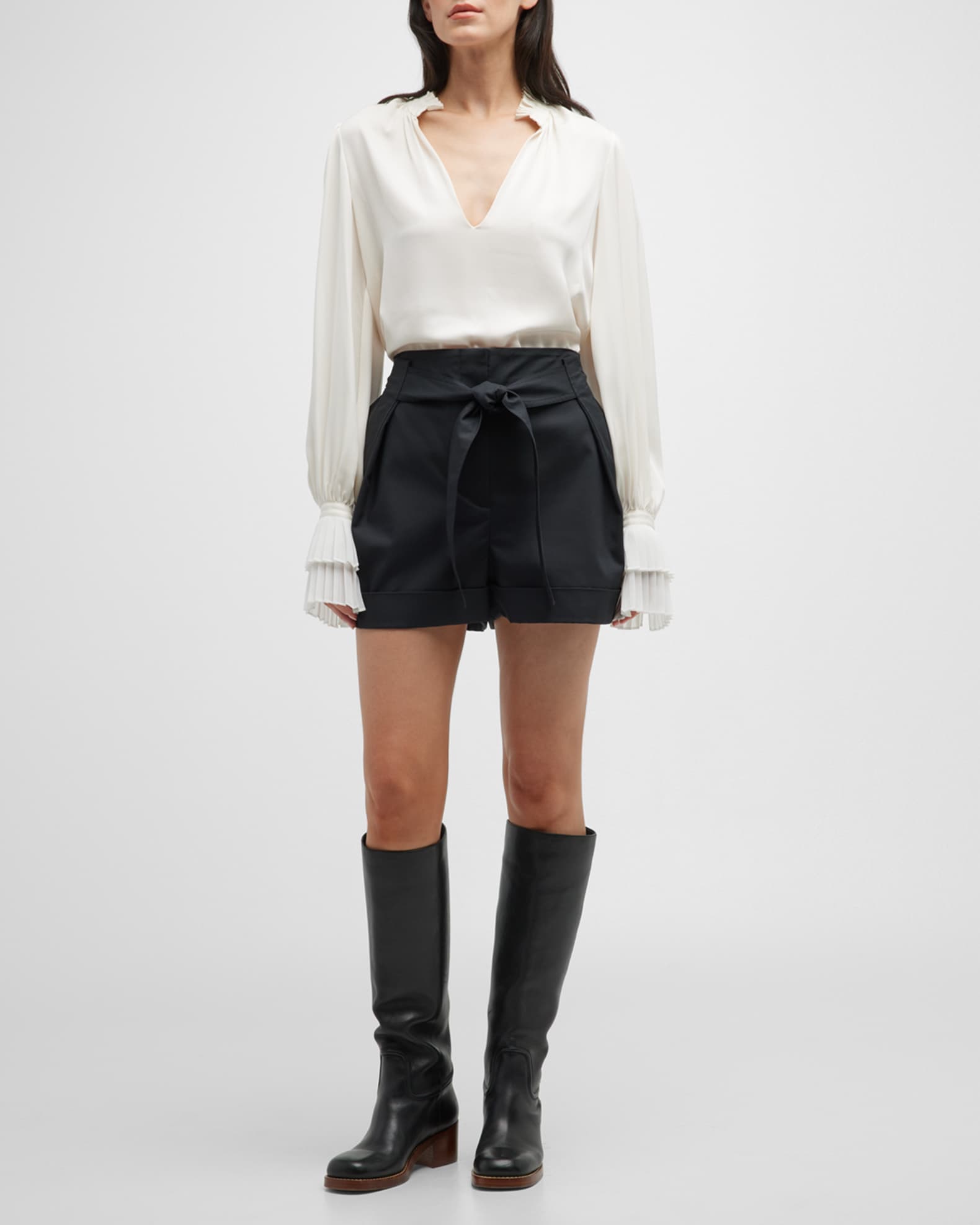 FRAME V-Neck Pleated Cuff Top | Neiman Marcus