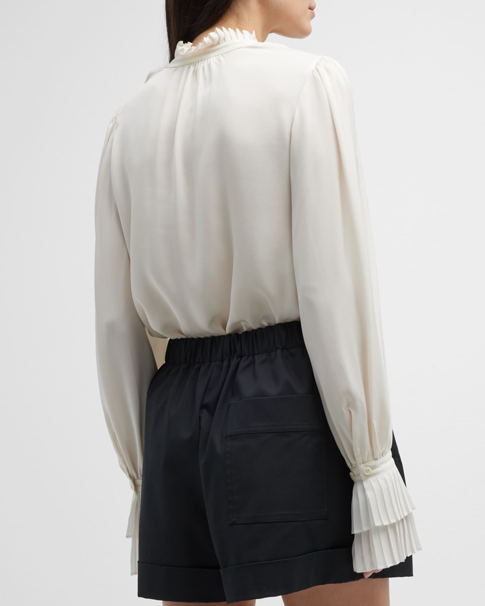 FRAME V-Neck Pleated Cuff Top | Neiman Marcus