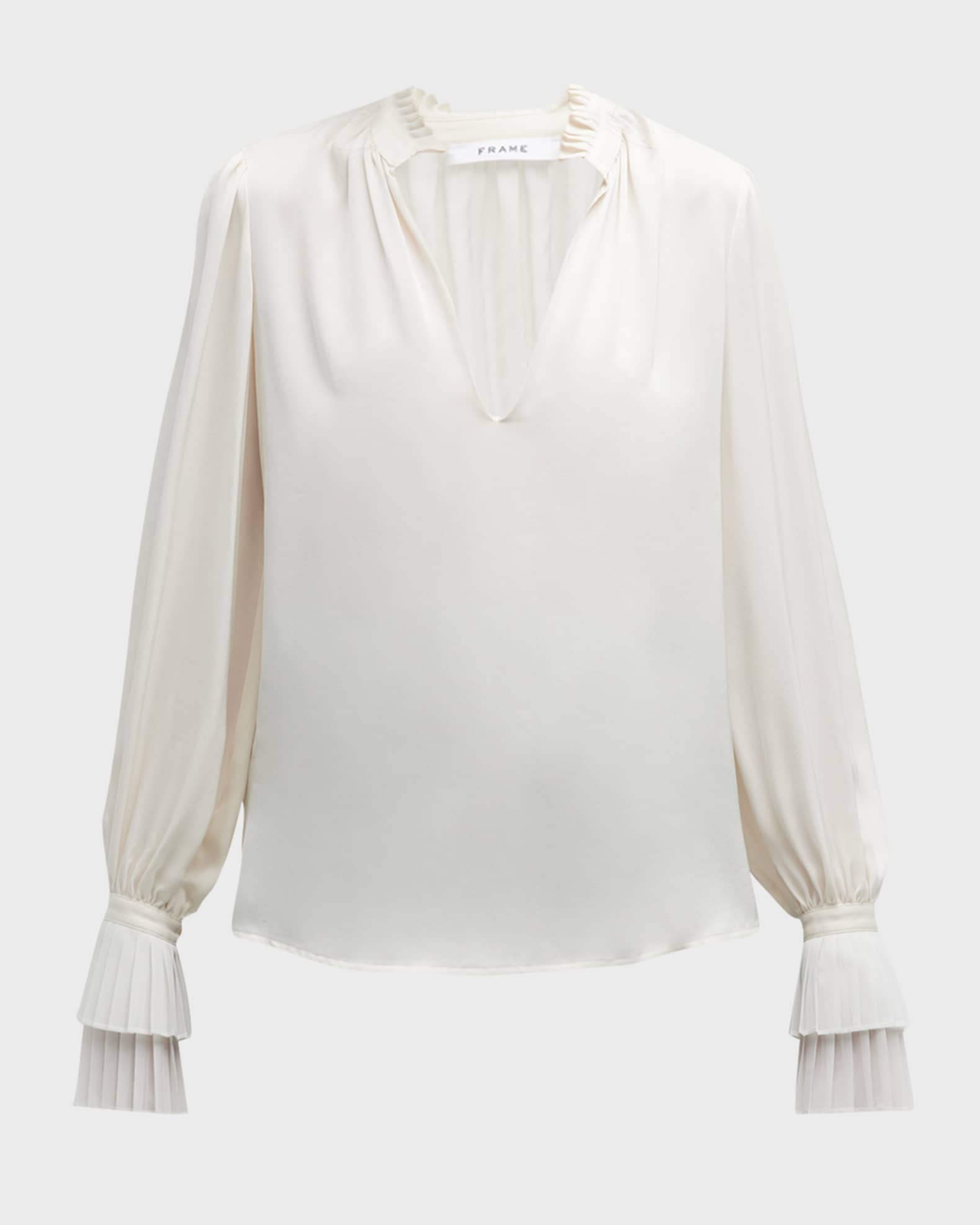FRAME V-Neck Pleated Cuff Top | Neiman Marcus