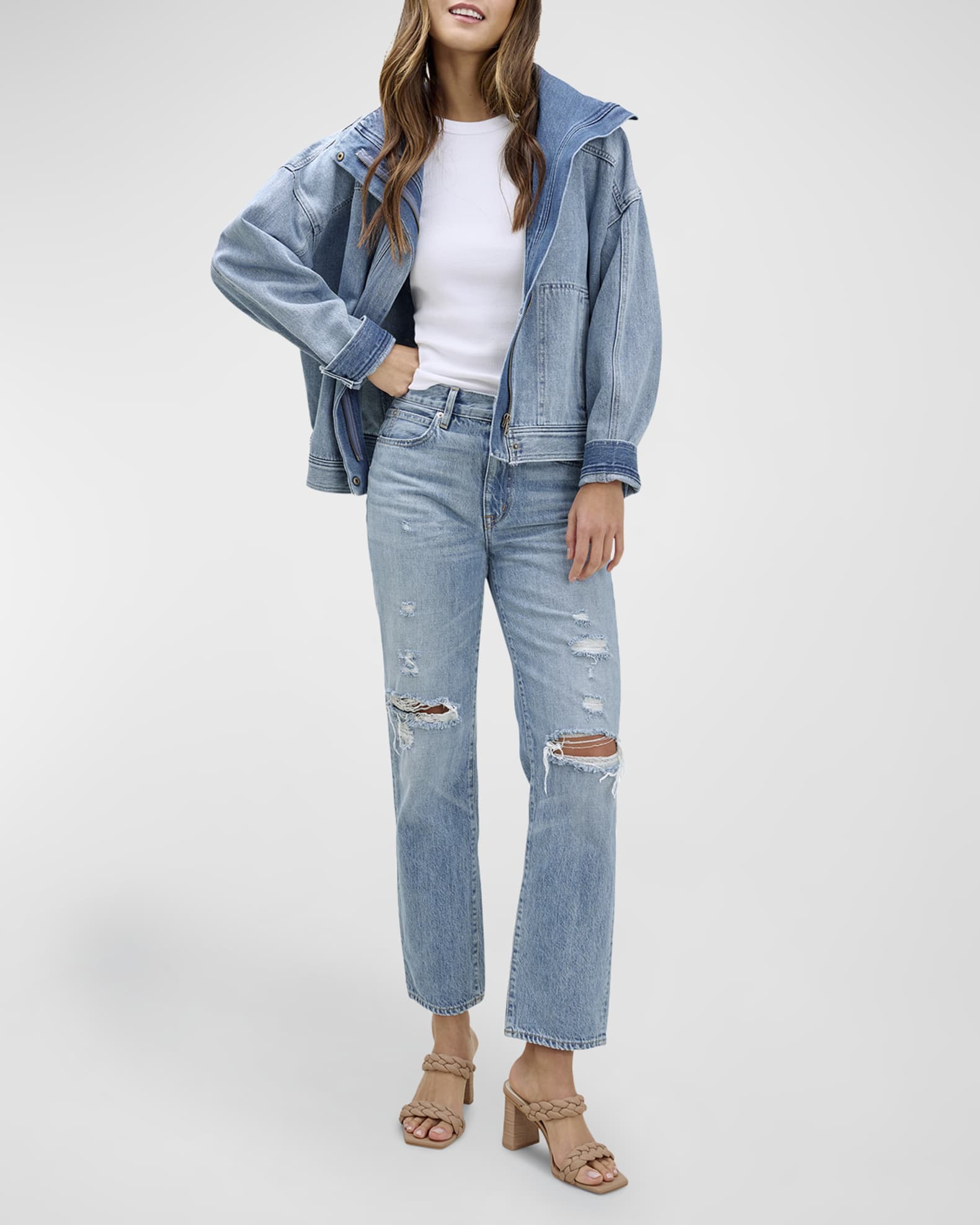 Splendid Funnel-Neck Drop-Shoulder Denim Jacket | Neiman Marcus