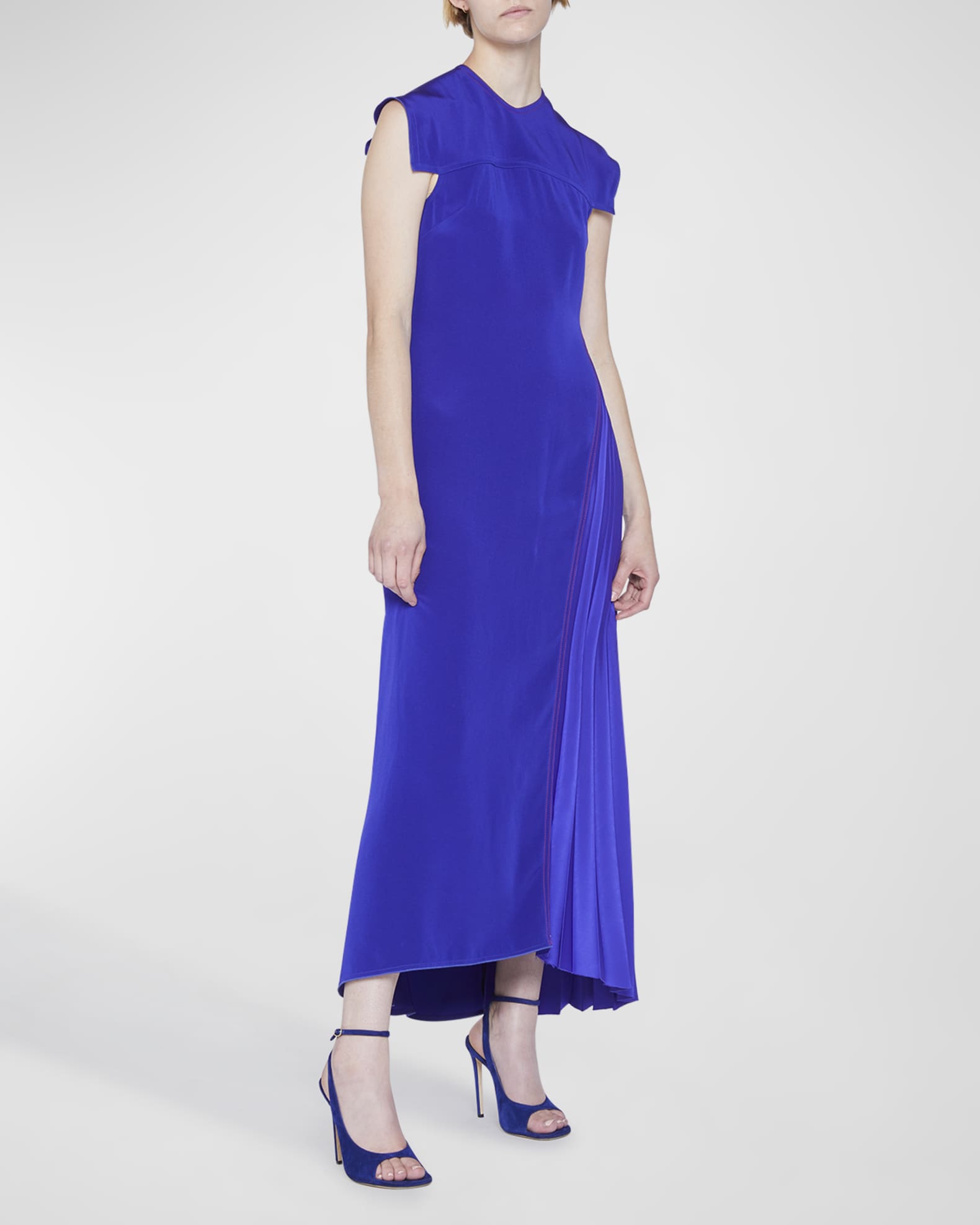 Victoria Beckham Cap Sleeve Midi Dress w/ Pleated Detail | Neiman Marcus