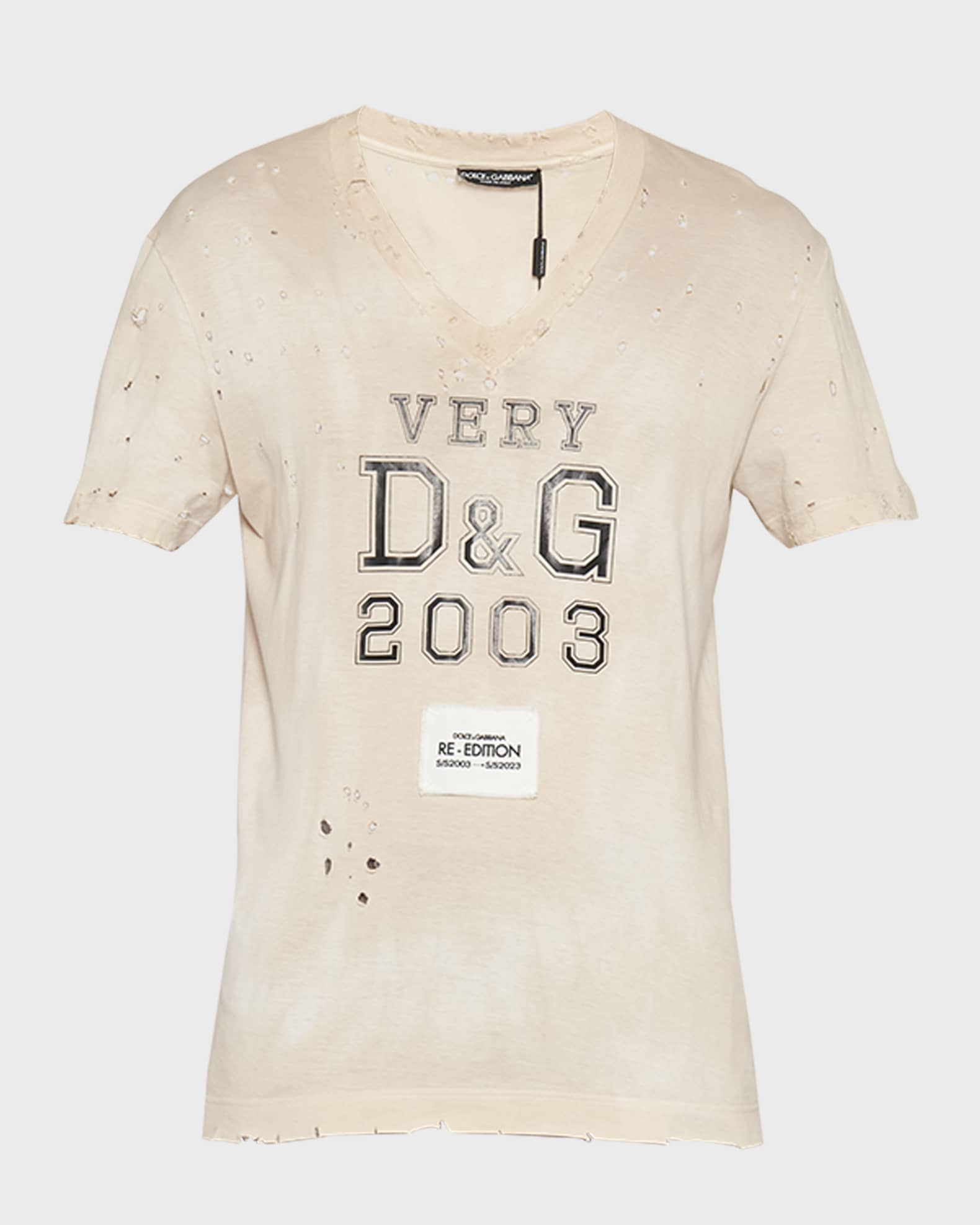 Dolce&Gabbana Men's Destroyed V-Neck Logo T-Shirt | Neiman Marcus