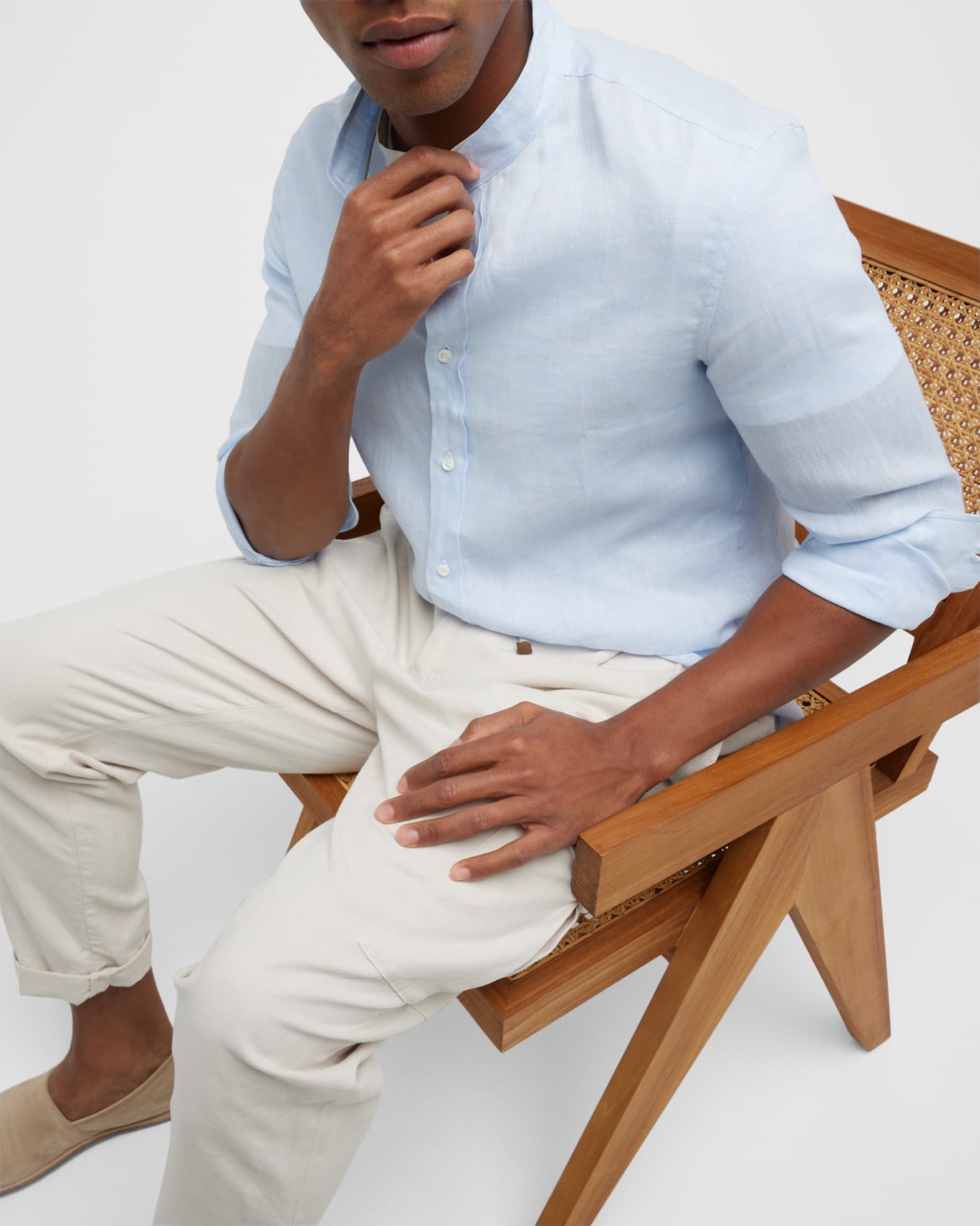 Brunello Cucinelli Men's Sicilian Sun Mandarin Collar Linen Sport Shirt ...