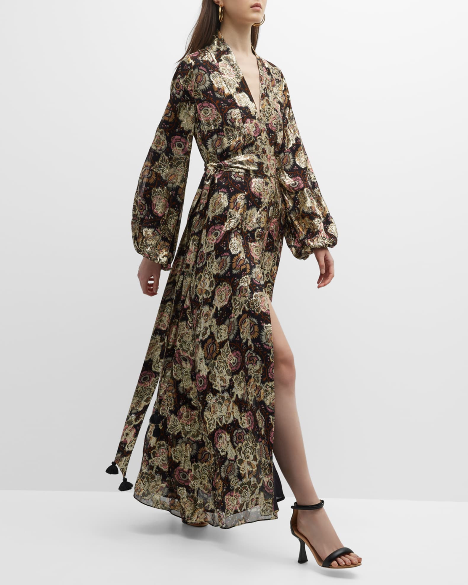 Figue Solana Metallic Floral Jacquard Belted Maxi Dress | Neiman Marcus