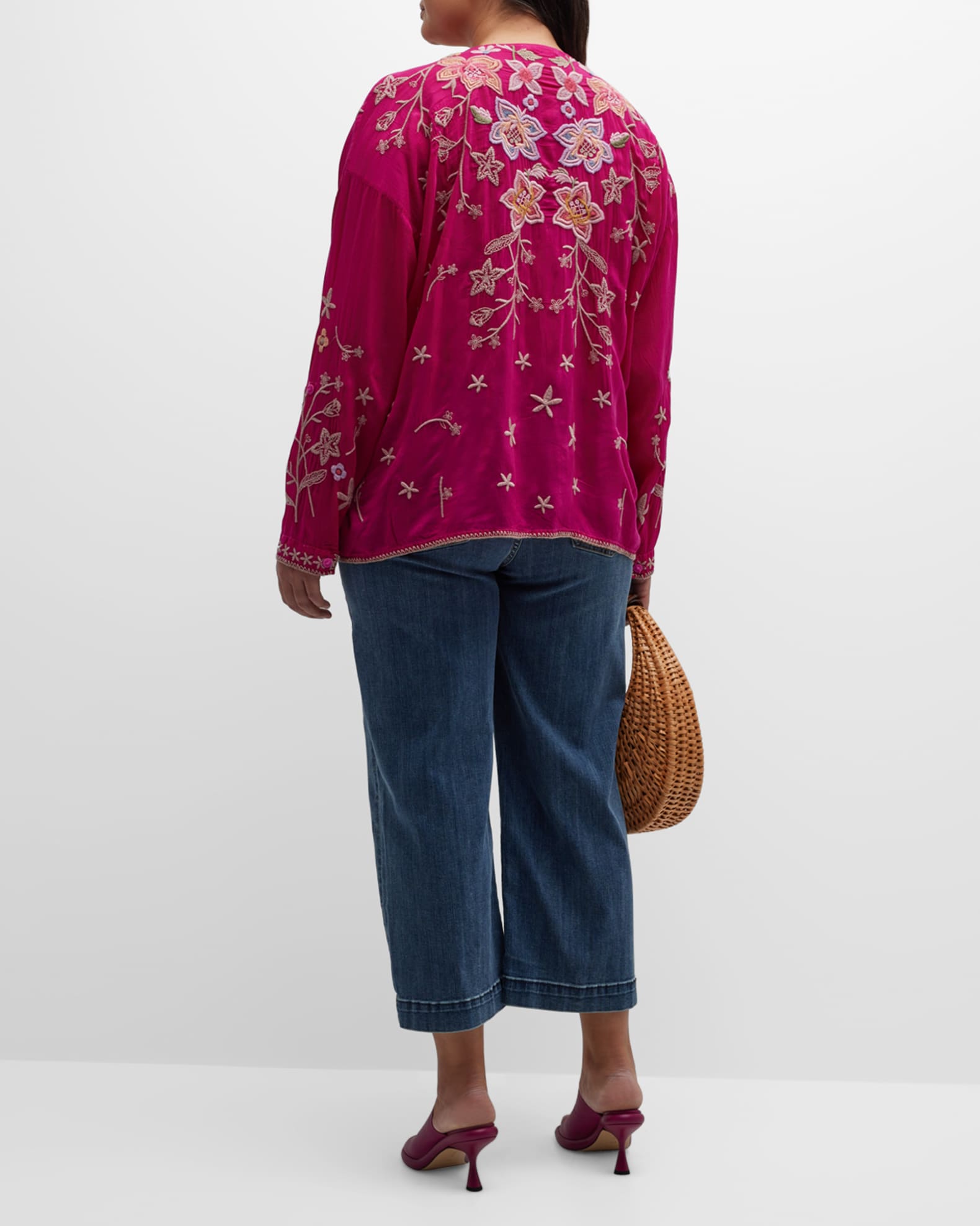 Johnny Was Plus Size Jenai Floral-Embroidered Blouse | Neiman Marcus